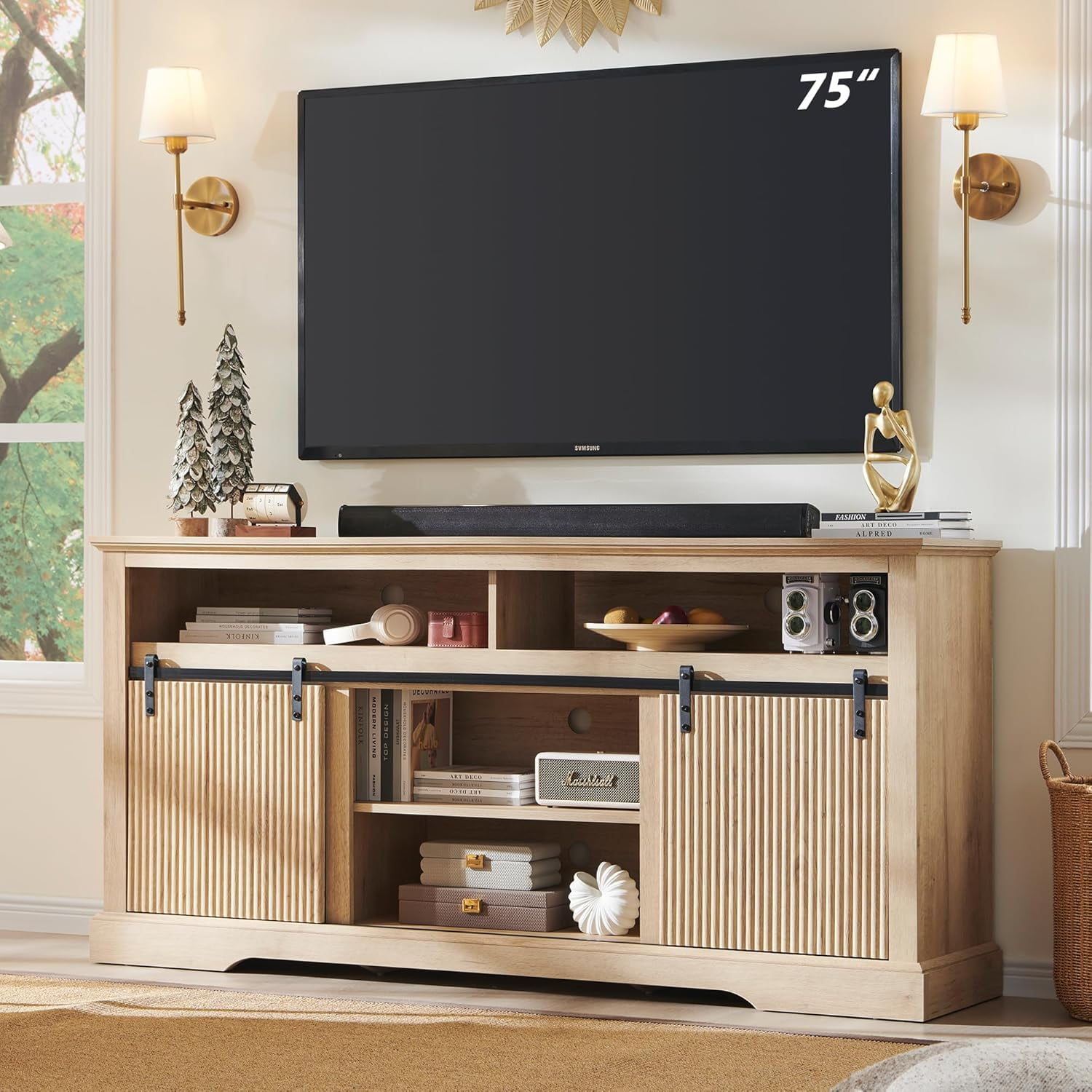 Athletgo TV Stand for 75" TVs with Sliding Door, Adjustable Shelf & Storage, 32"Tall Modern ...