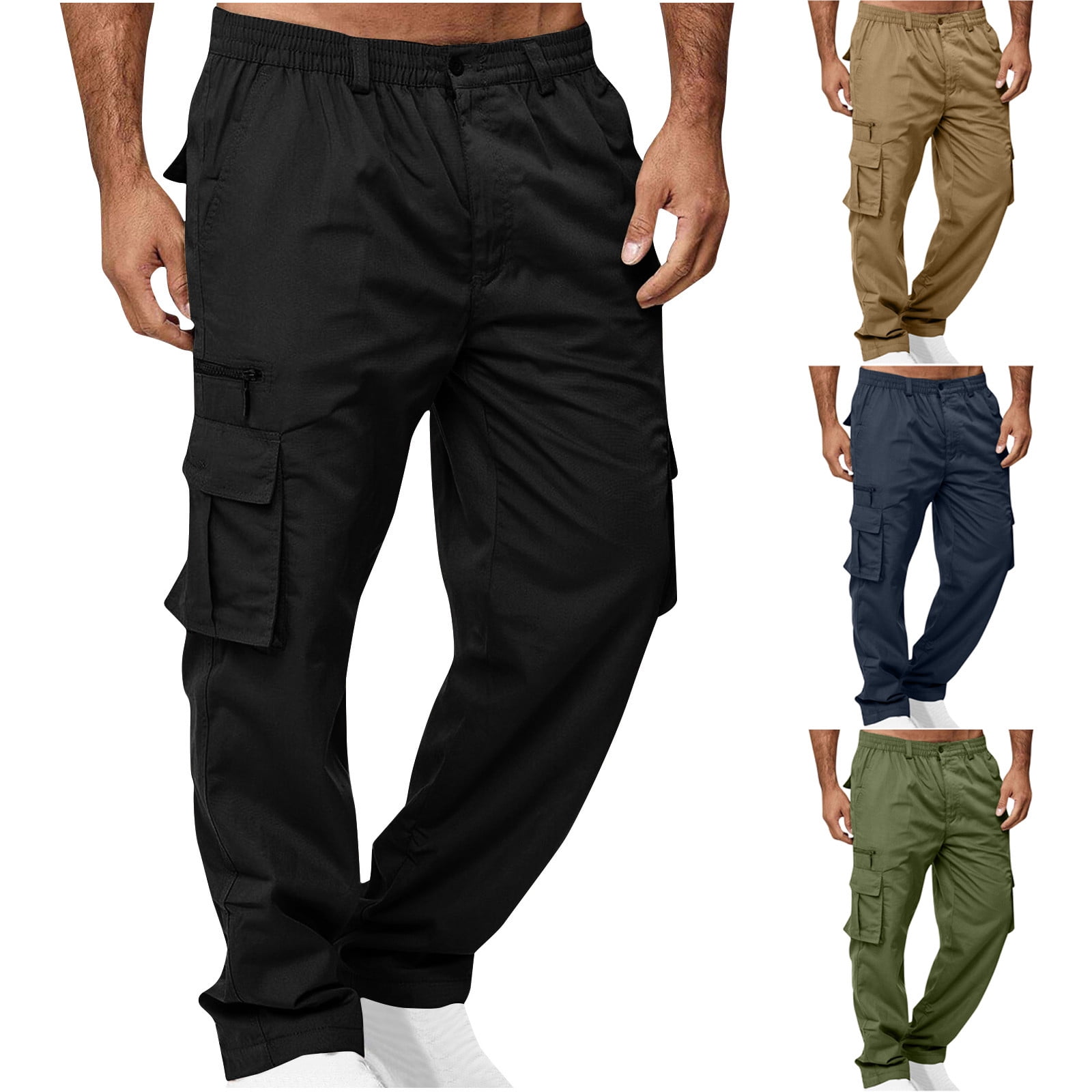 Athletic Cargo Pants for Men Elastic Waist Button Zipper Multi-Pocket ...