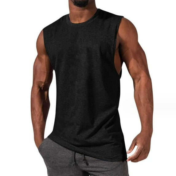 Athletic Gym Top Black Men's Sleeveless Tops Crewneck Solid Loose Fit ...