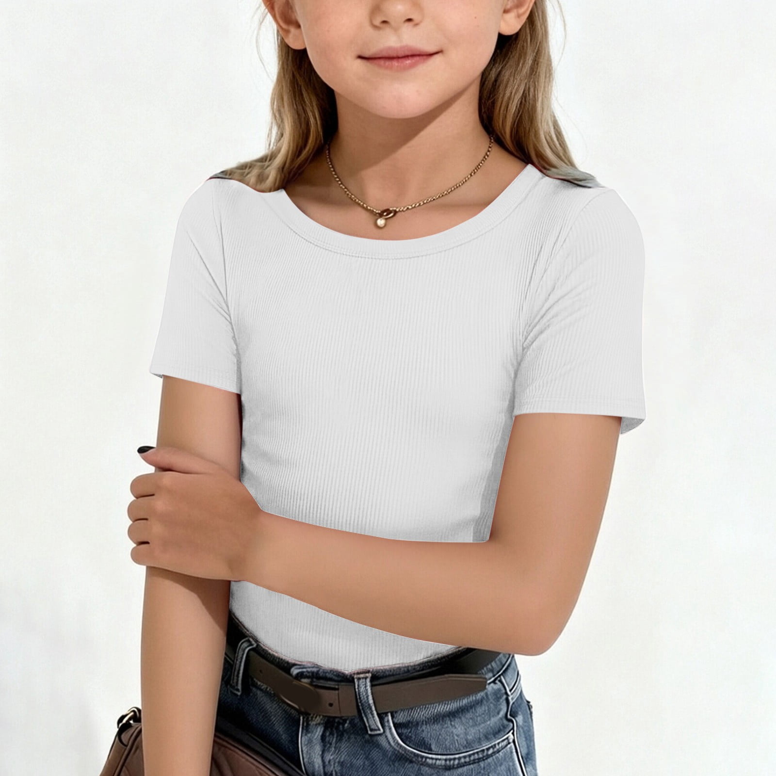 Athletic Shirts For Girls，Ribbed Knit Slim Fit Casual T-Shirt Summer ...