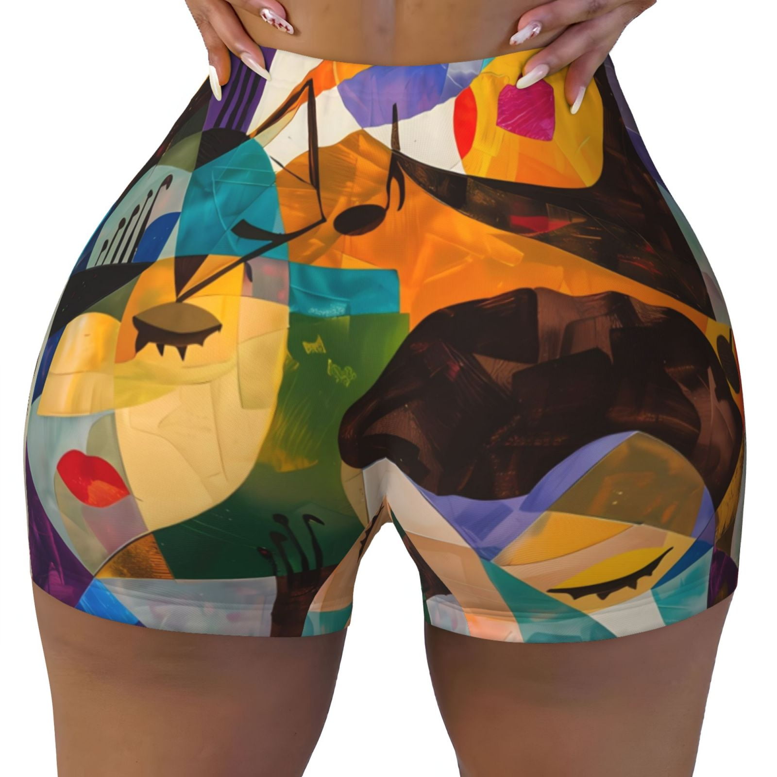 Athletic Shorts for Women, Abstract Musical Faces Seam Womens Shorts ...