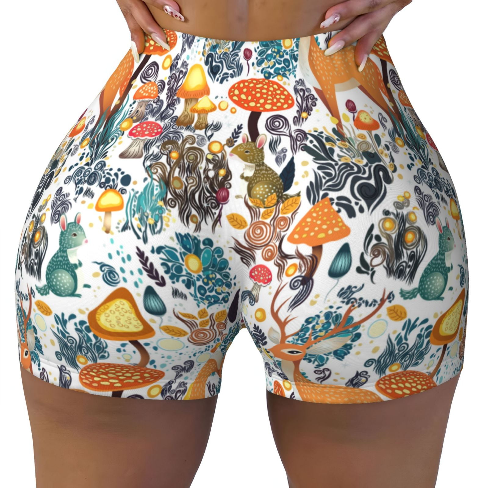 Athletic Shorts for Women, Abstract Plants Mushroom Deer Seam Womens ...