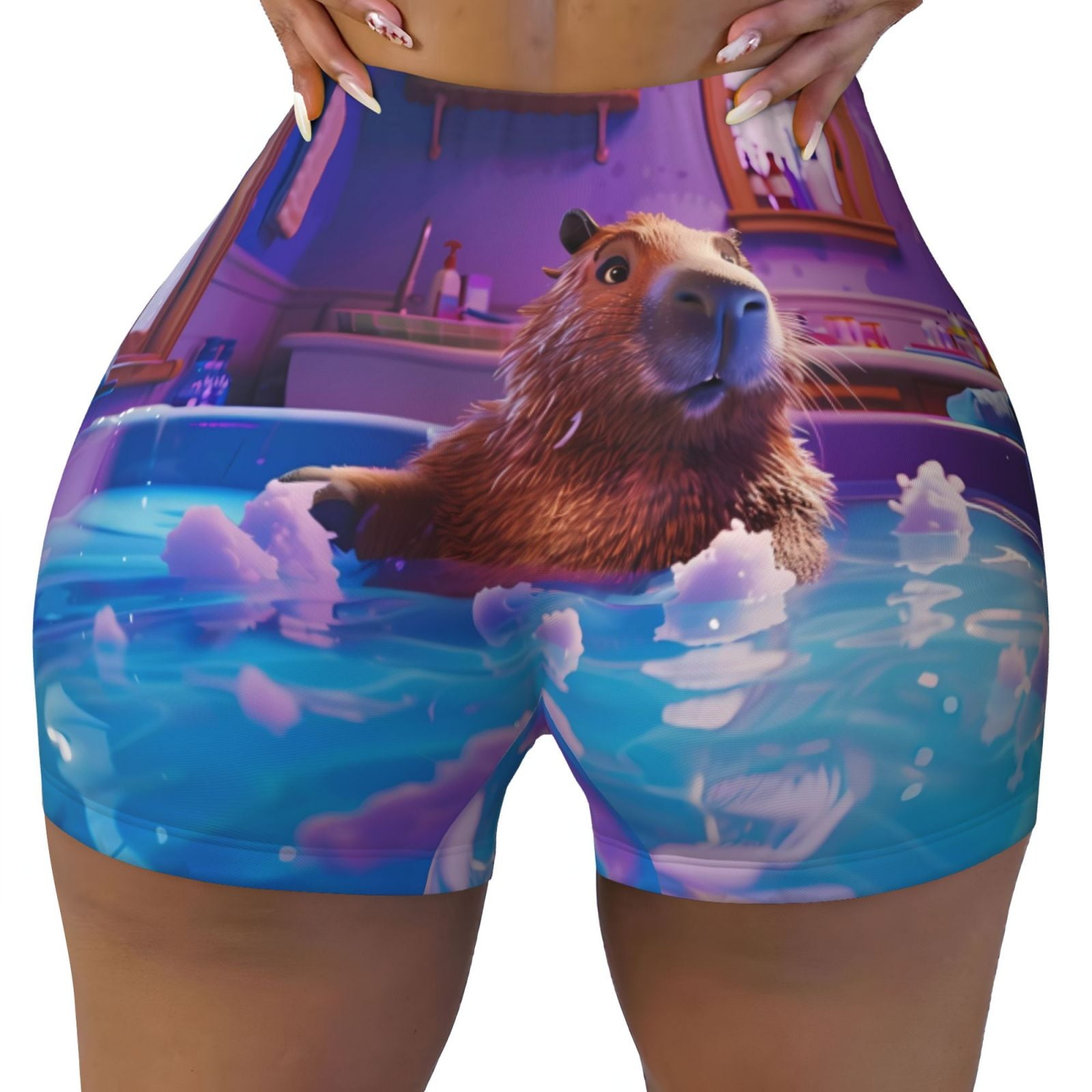 Athletic Shorts for Women, Capybara Bathtub Fun Seam Womens Shorts High ...