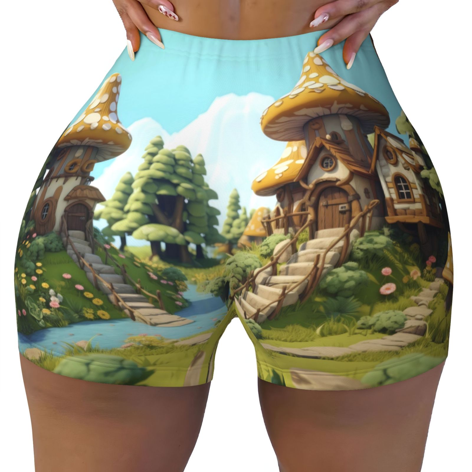 Athletic Shorts for Women, Cartoon Mushroom House Seam Womens Shorts ...