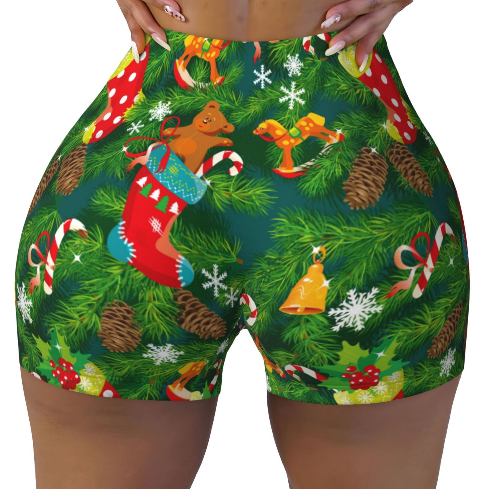 Athletic Shorts for Women, Cute Christmas Stocking Bear Seam Womens ...