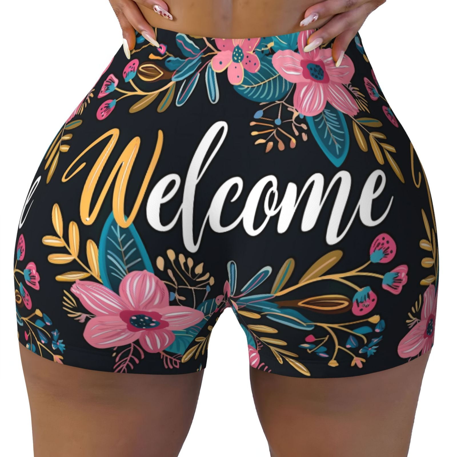 Athletic Shorts for Women, Floral Welcome Sign Seam Womens Shorts High ...