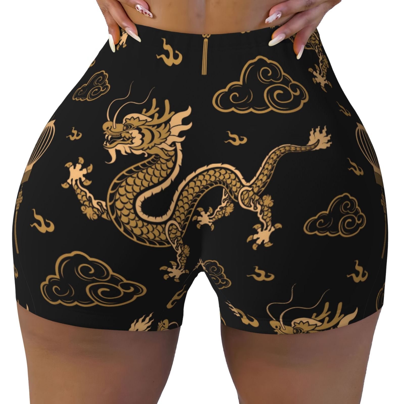 Athletic Shorts for Women, Golden Chinese Dragon Clouds Seam Womens ...