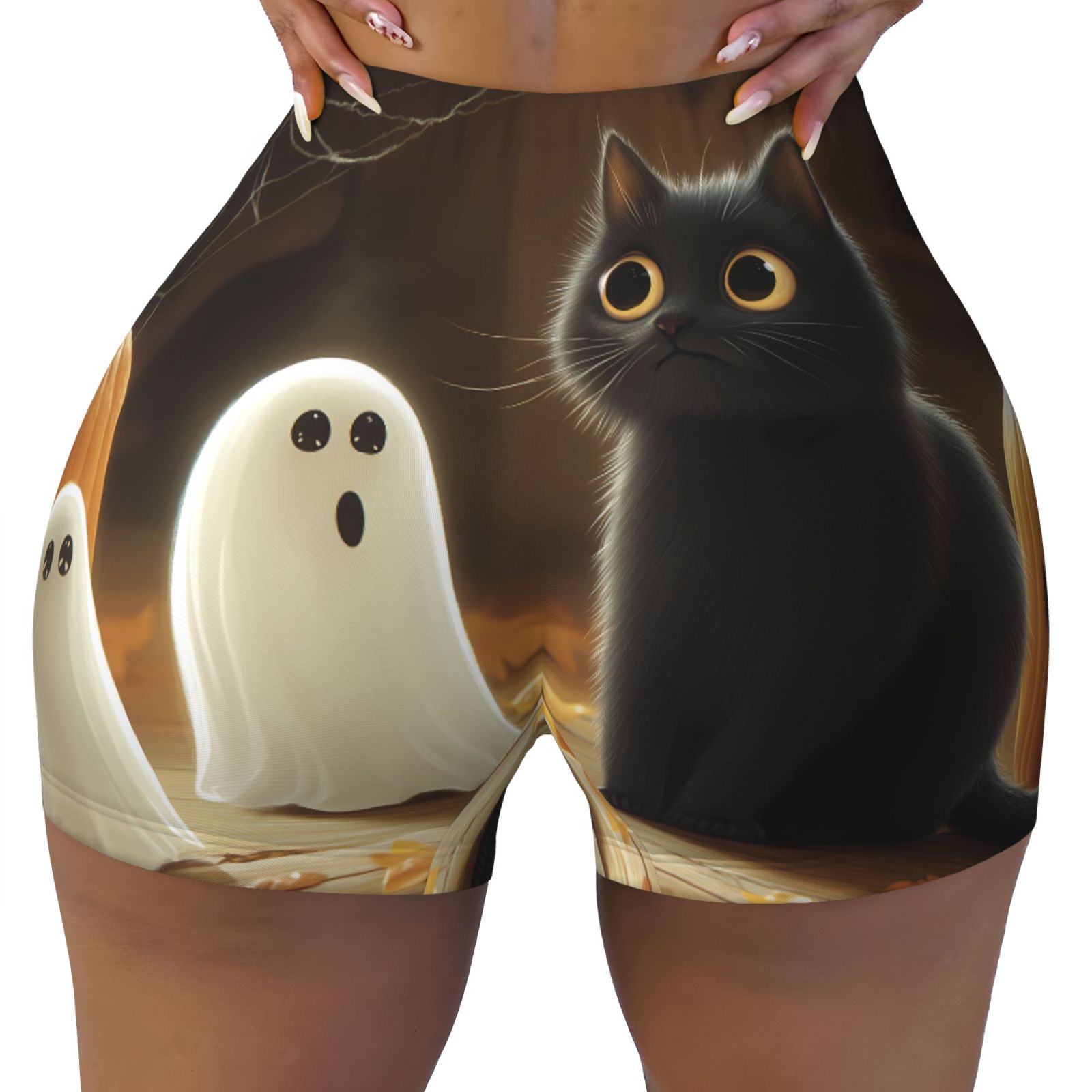 Athletic Shorts for Women, Halloween Cute Black Cat Ghost A Seam Womens ...