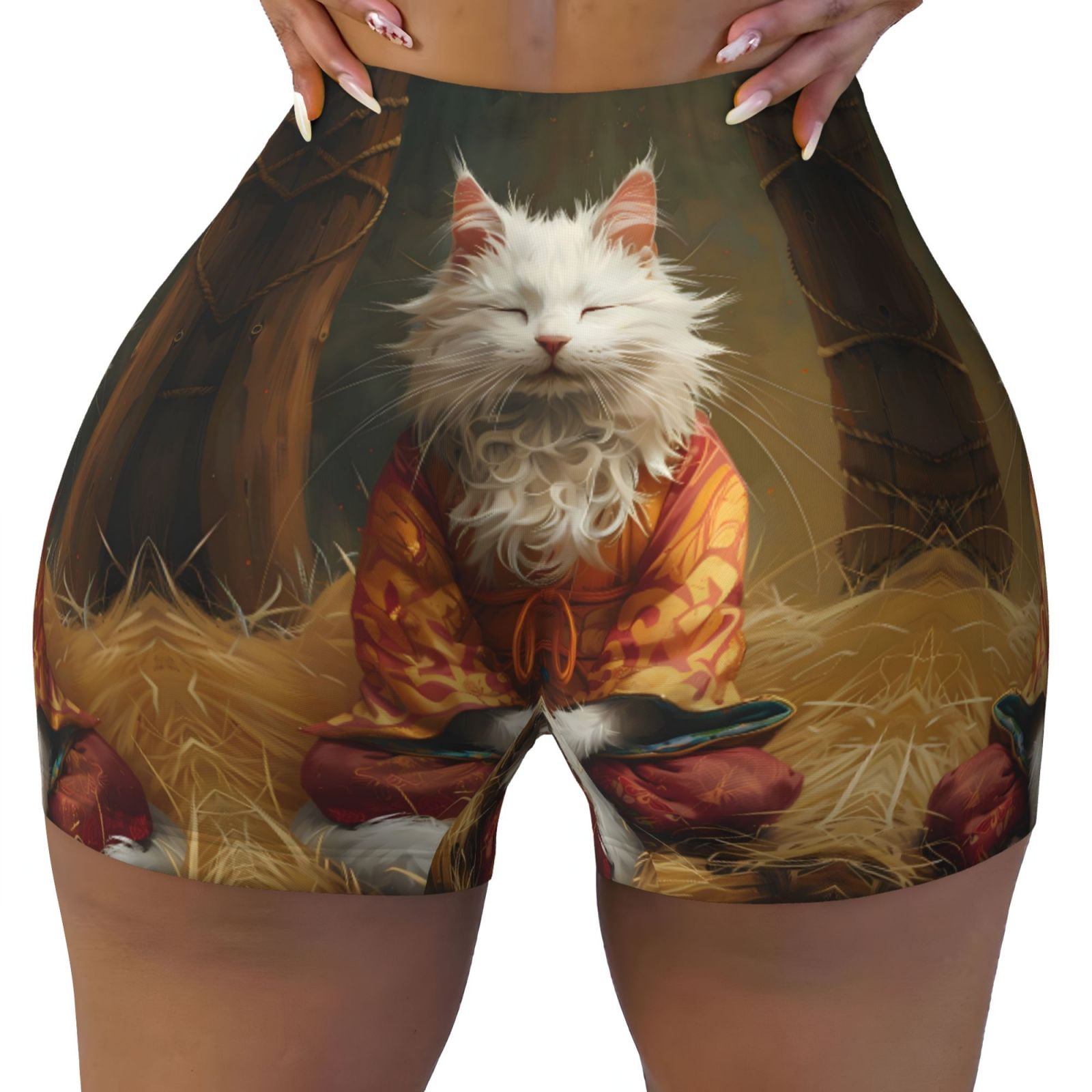 Athletic Shorts for Women, Haystack Meditating Cat Seam Womens Shorts High Waisted Sport Running ...