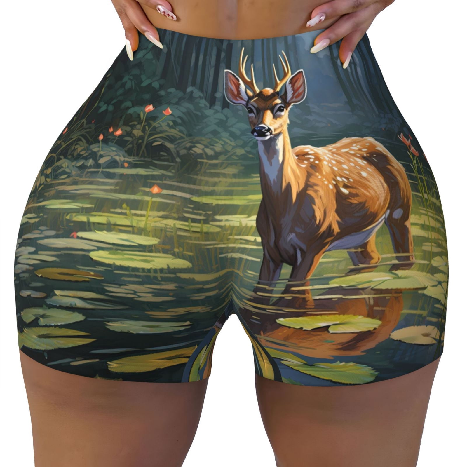 Athletic Shorts for Women, Peaceful Deer Lily Pond Seam Womens Shorts ...