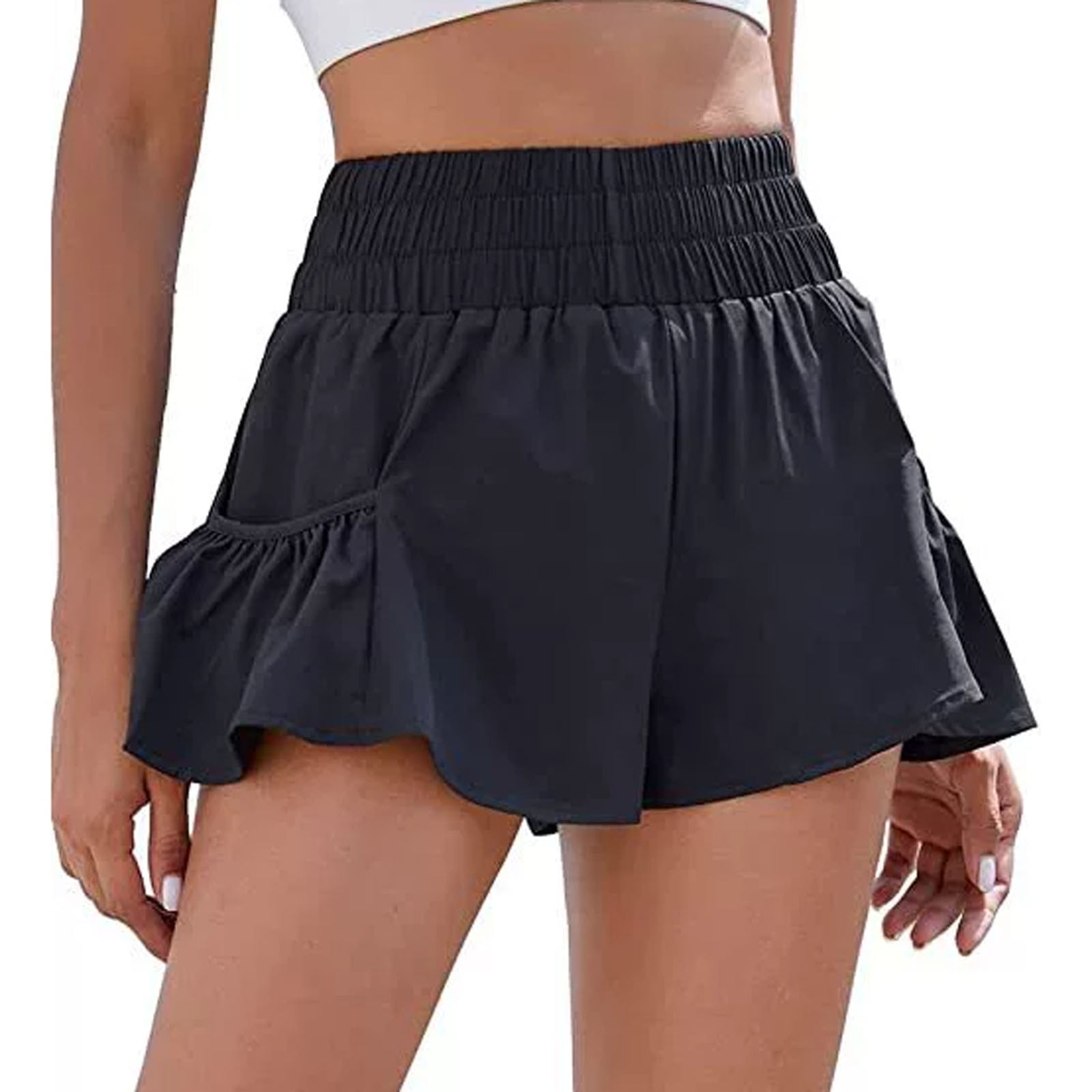 Athletic Shorts for Women Skorts Sports Elastic Waist High Waist Solid Color Ruffled Running ...