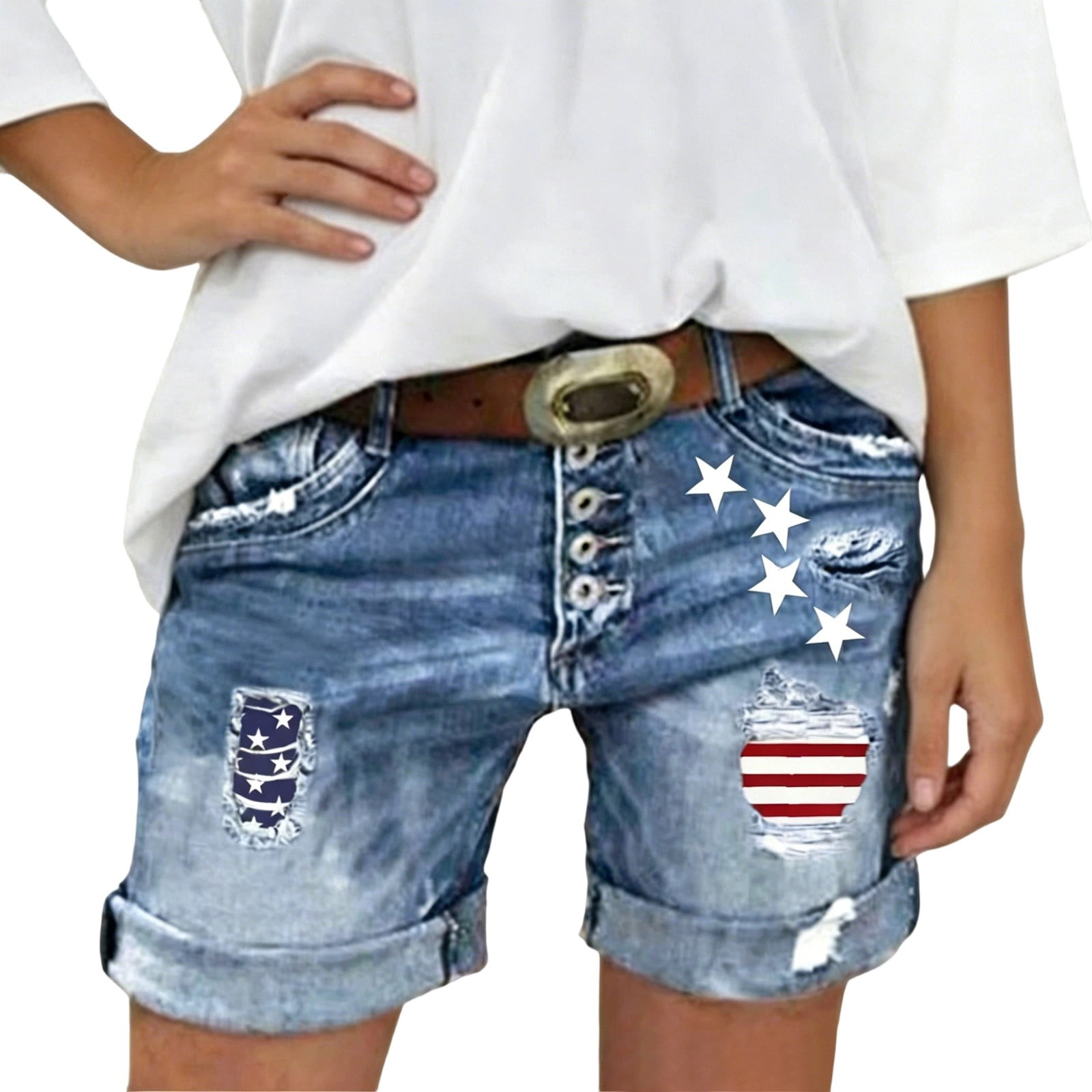 Athletic Shorts for Women Slim Distressed Embroidered Patch Stretch ...
