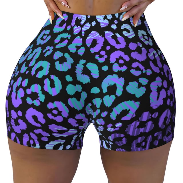 Athletic Shorts for Women, Stripe Purple Leopard Print Seam Womens ...
