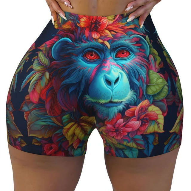 Athletic Shorts for Women, Tribal Style Flower Blue Monkey Seam Womens Shorts High Waisted Sport ...