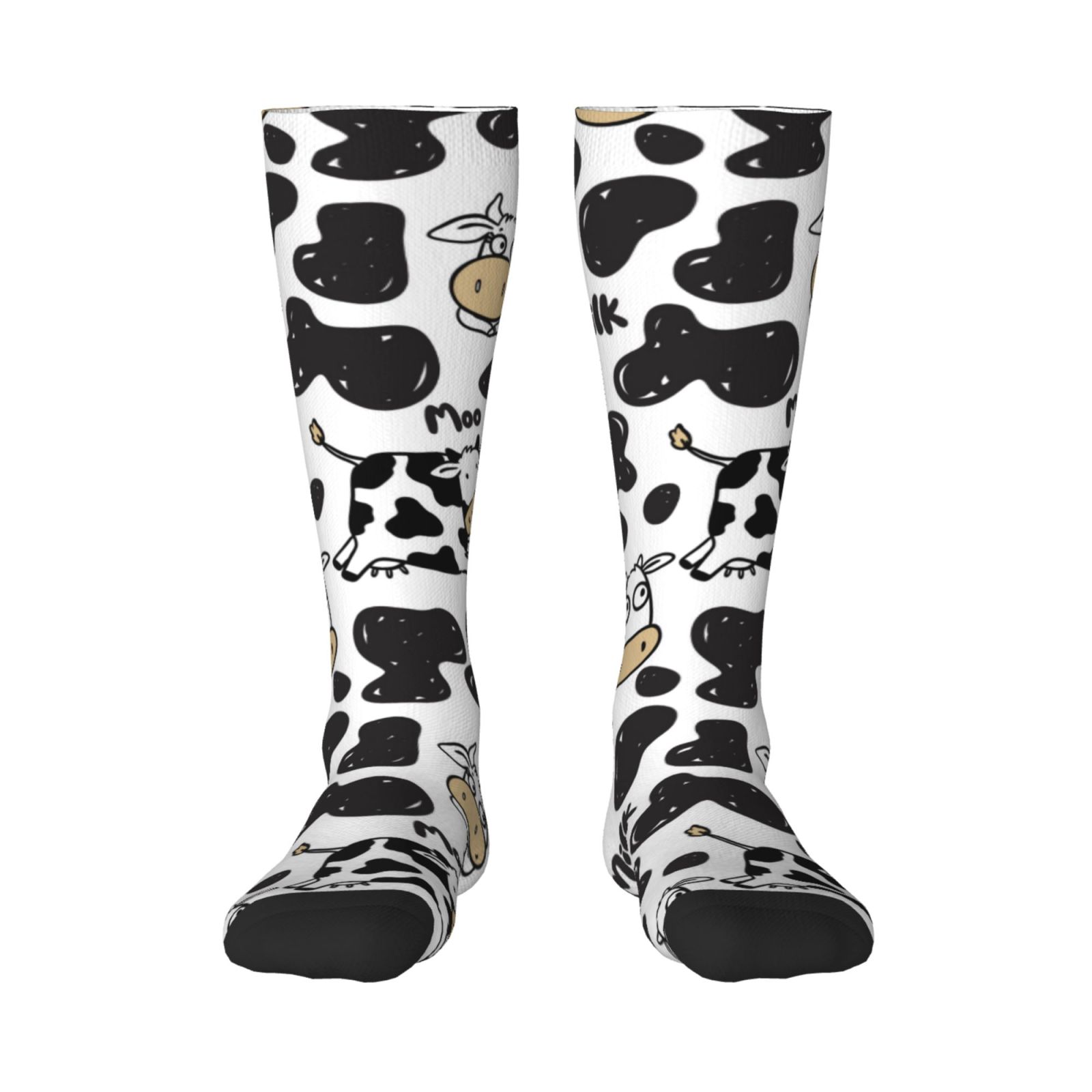 Athletic Socks Men Women， Edgy Cartoon Cute Cow Black White Knee High ...