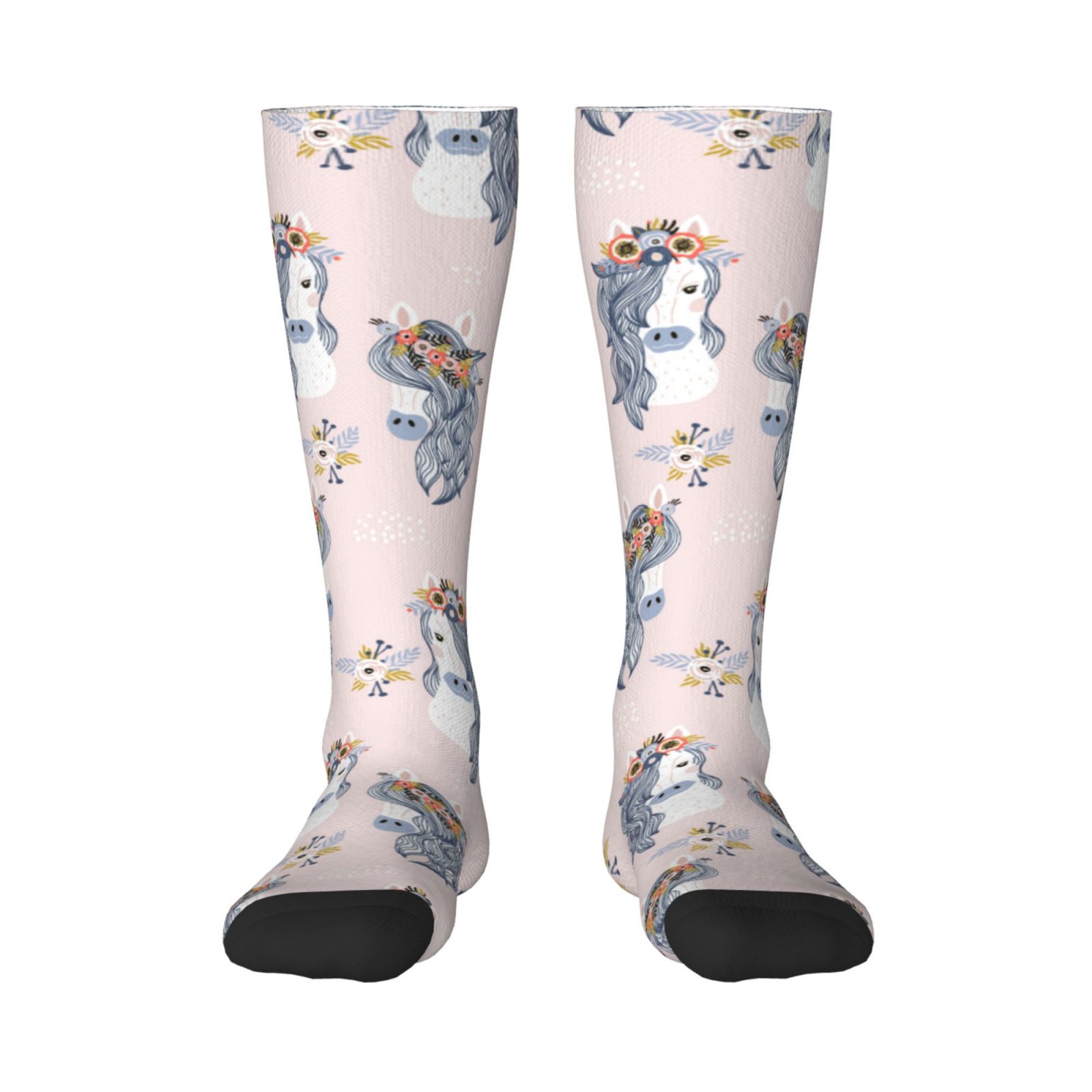 Athletic Socks Men Women， Funny Long Hair Horse Flower Pink Knee High ...