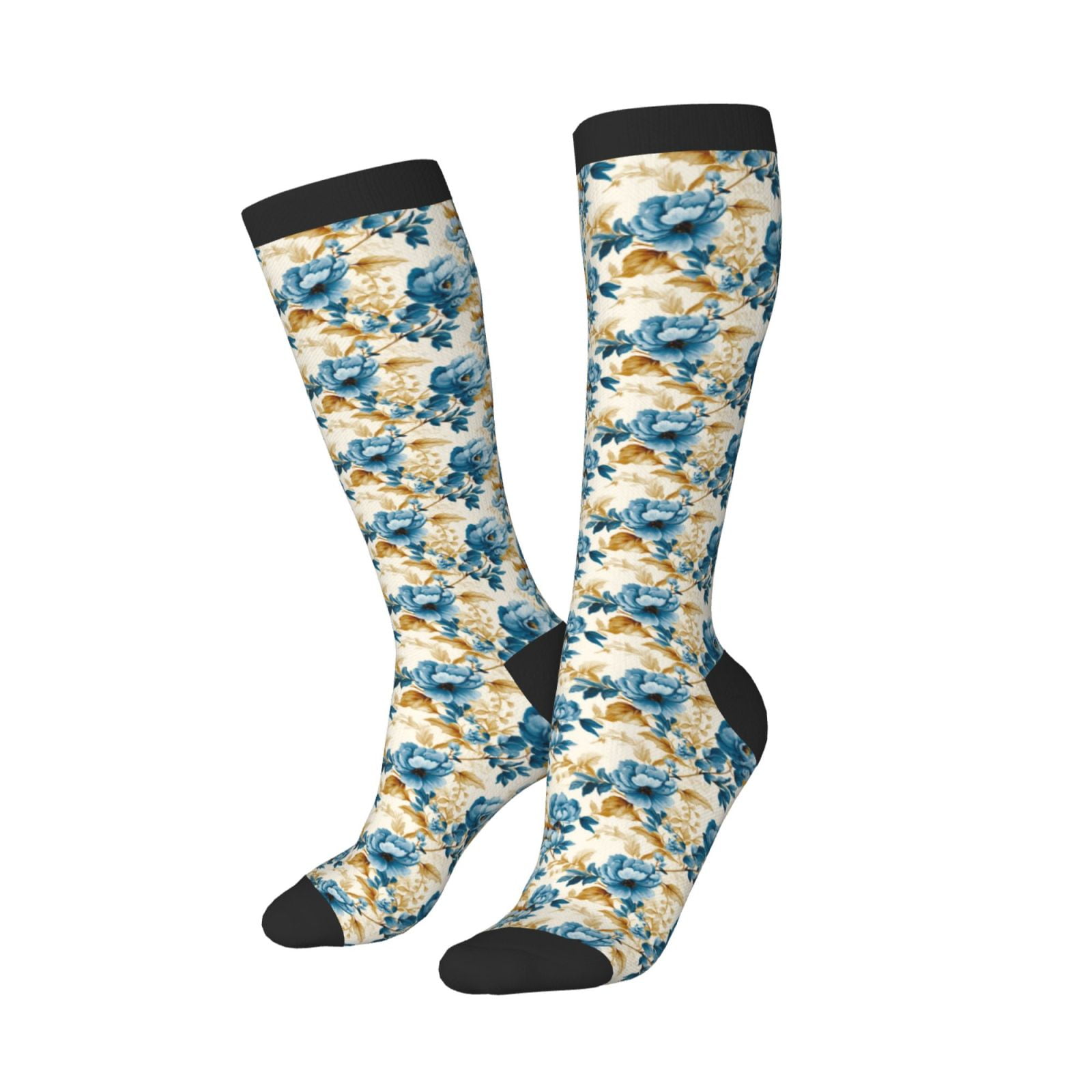 Athletic Socks Men Women - Vintage Blue Flowers Knee High Socks, Calf ...