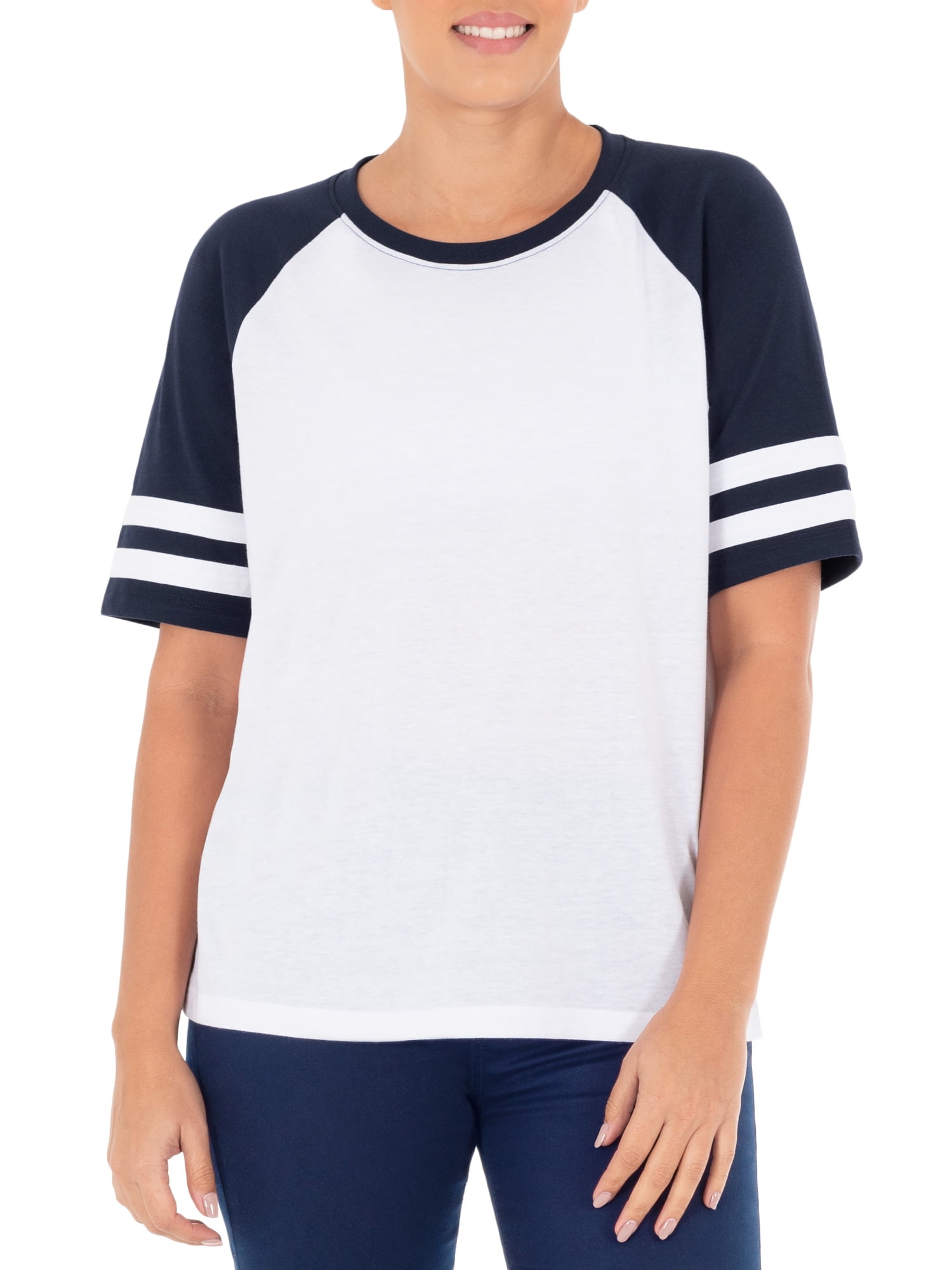 Athletic Works Women's Athleisure Varsity Stripe Baseball T-Shirt ...