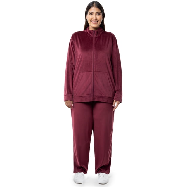 Athletic Works Women's Plus Size Active Velour Zip-Up Tracksuit Set, 2 ...