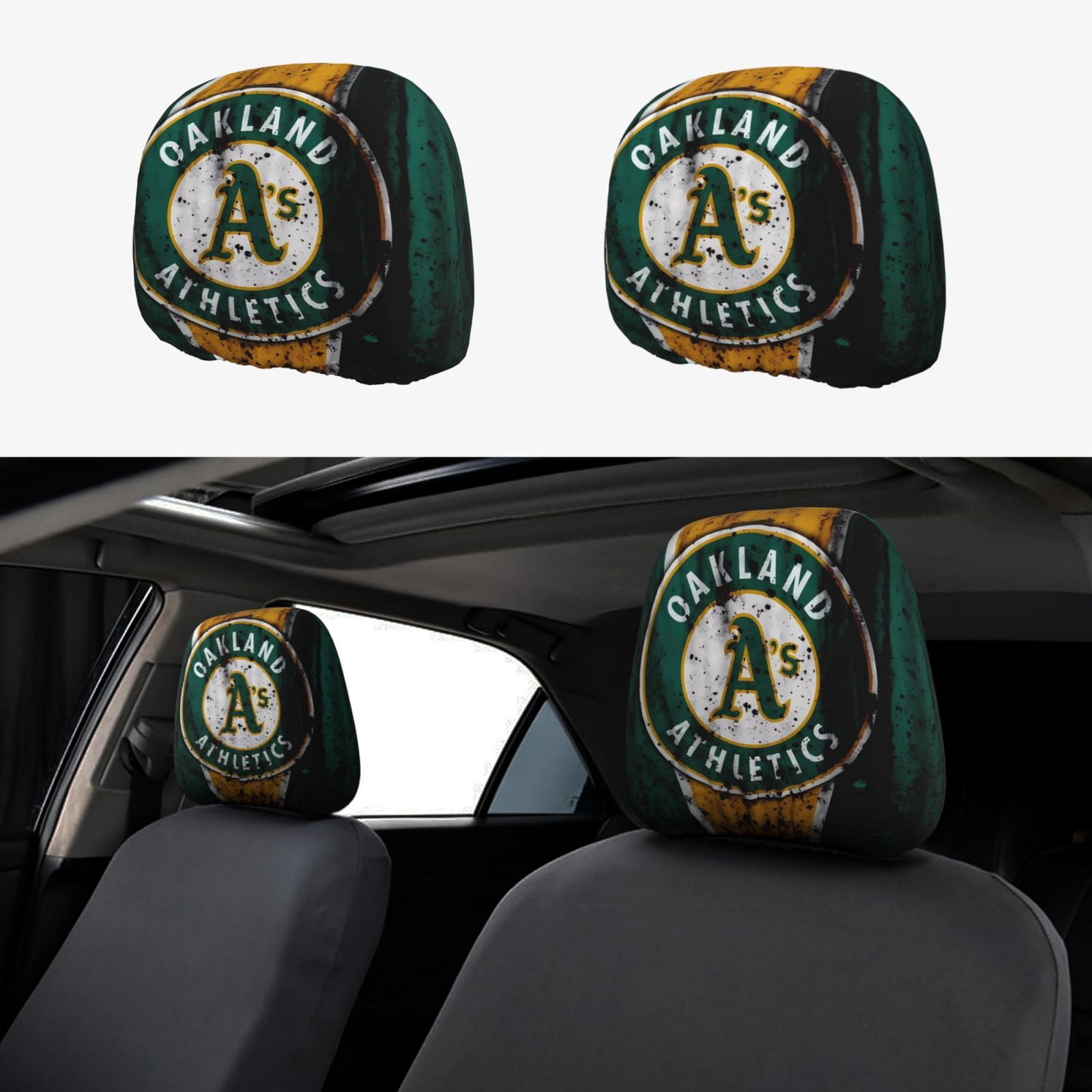 Athletics Baseball Team Custom Car Headrest Covers Set of Two Elastic ...