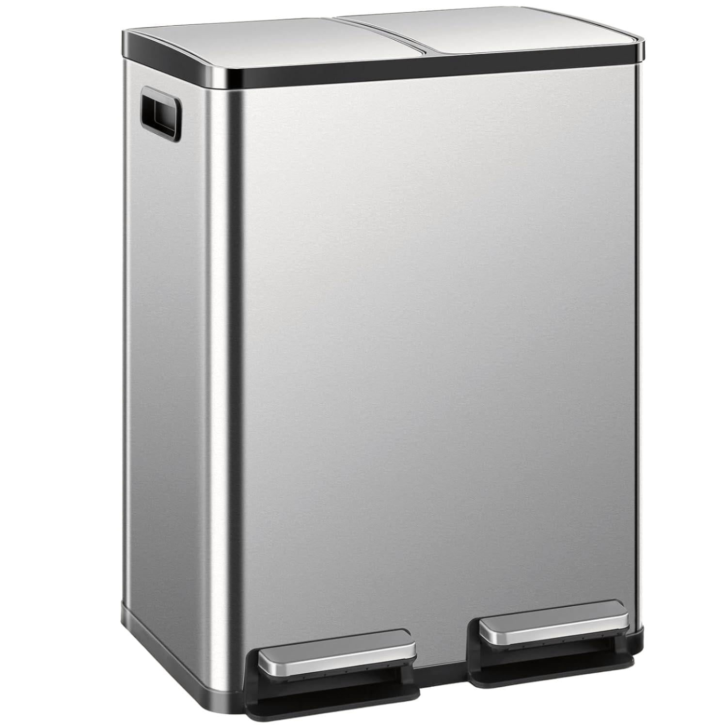 Atilioo Dual Compartment Trash Can, 16 Gallon, Stainless Steel, Foot ...