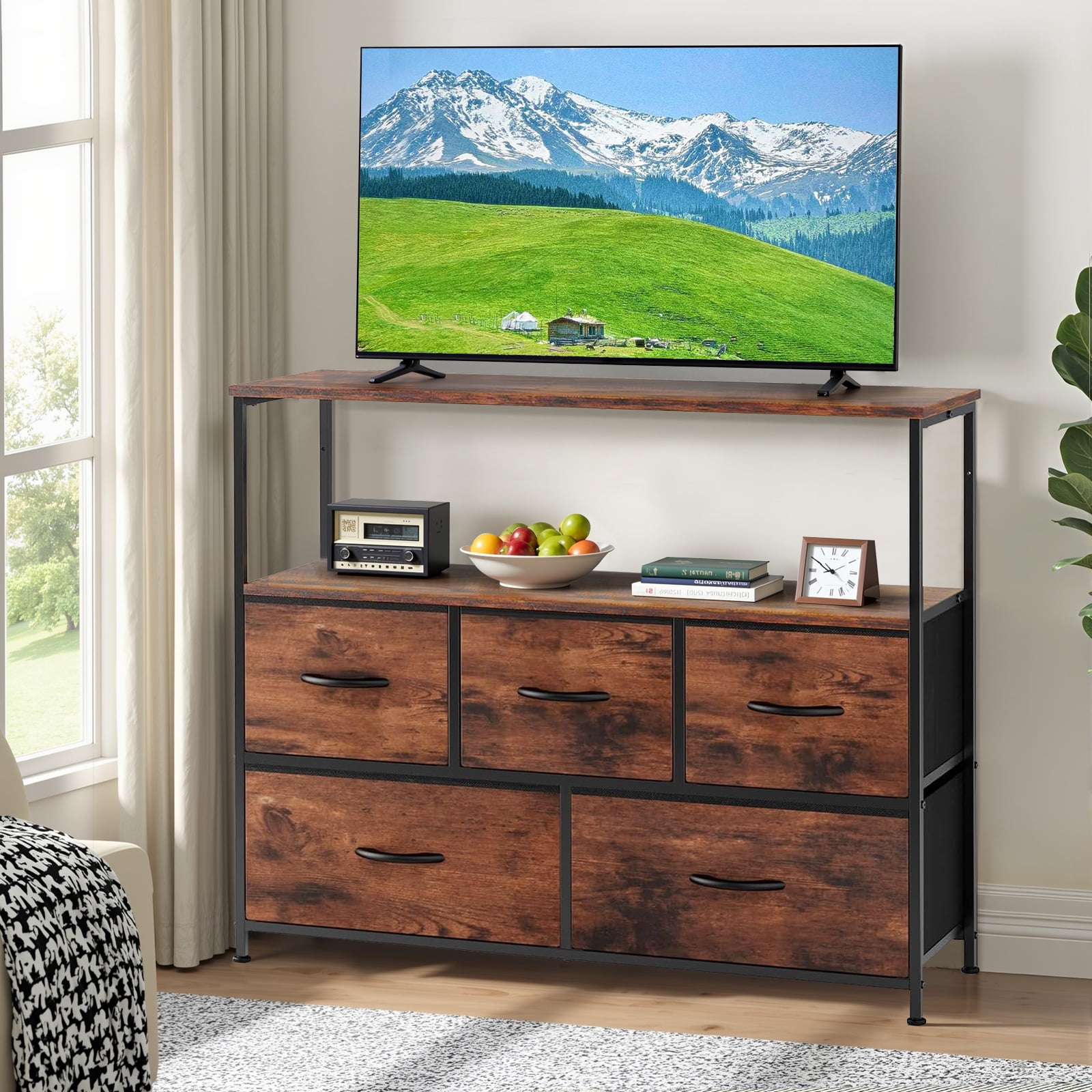 Atilioo 5 Drawer Dresser, Fabric Storage Chest with TV Stand, Open ...