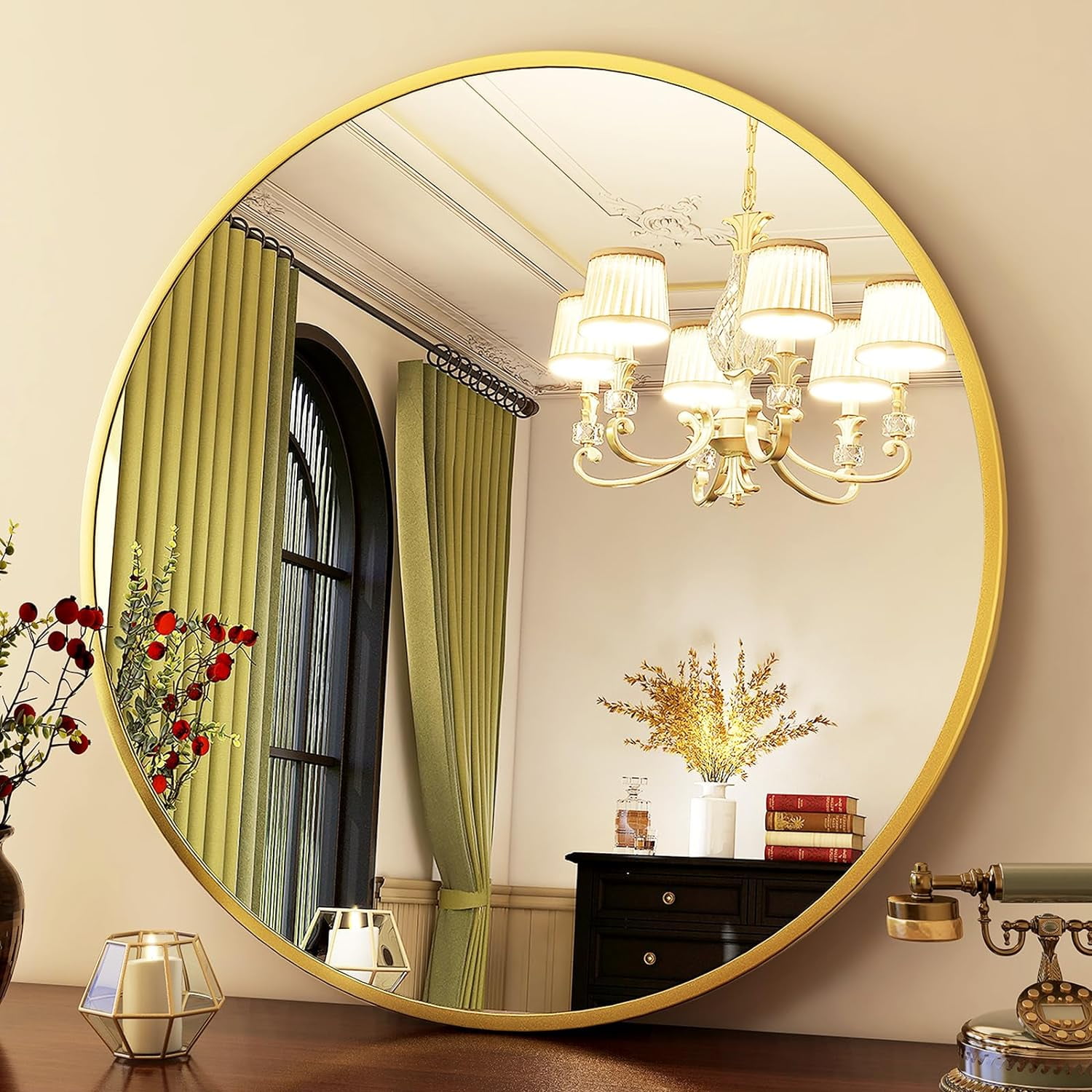 Atilioo Round Mirror 24 inch Circle Mirror Metal Framed Wall Mirror ...