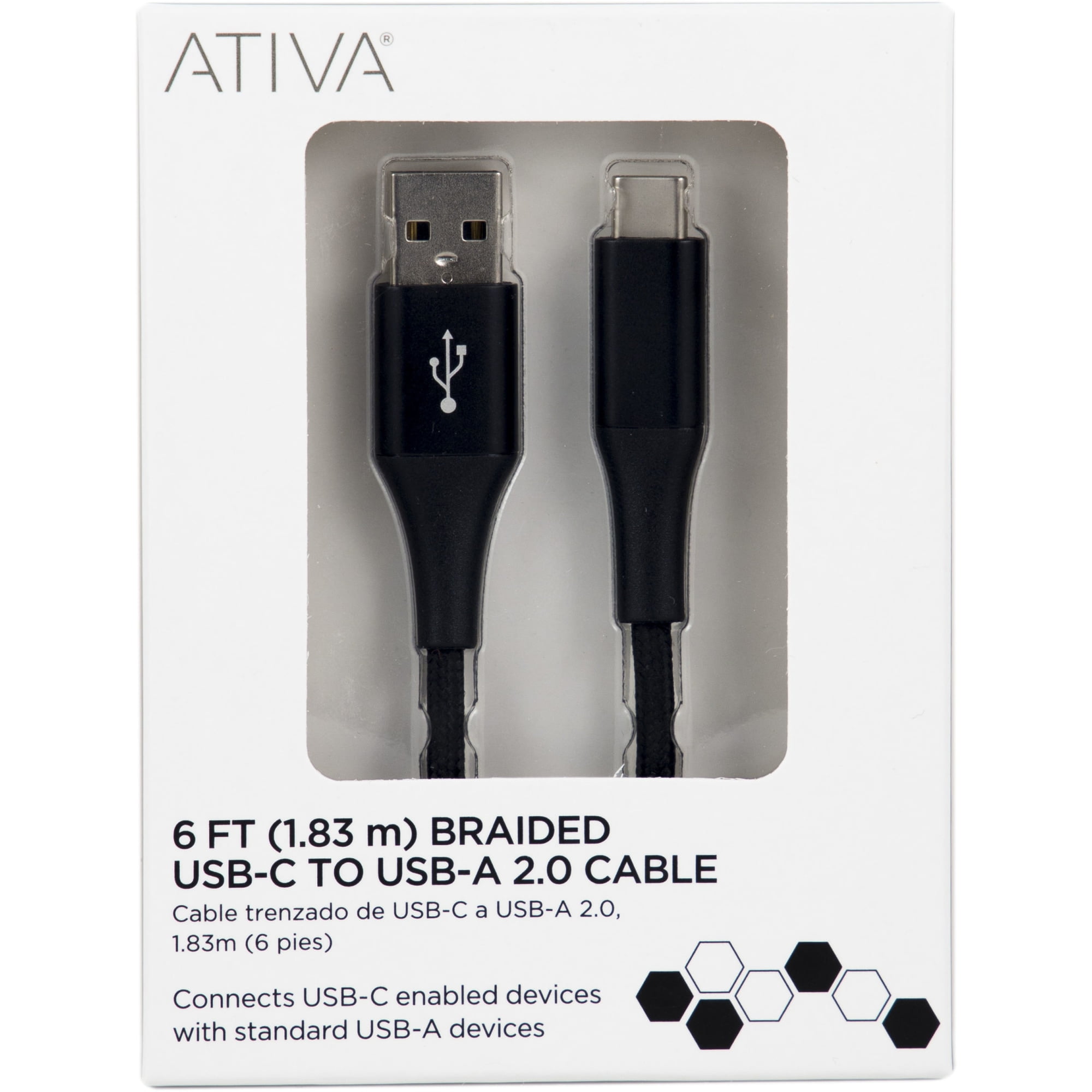 Ativa® USB Type-C To USB Type-A Cable, 6', Black, 45380 - Walmart.com