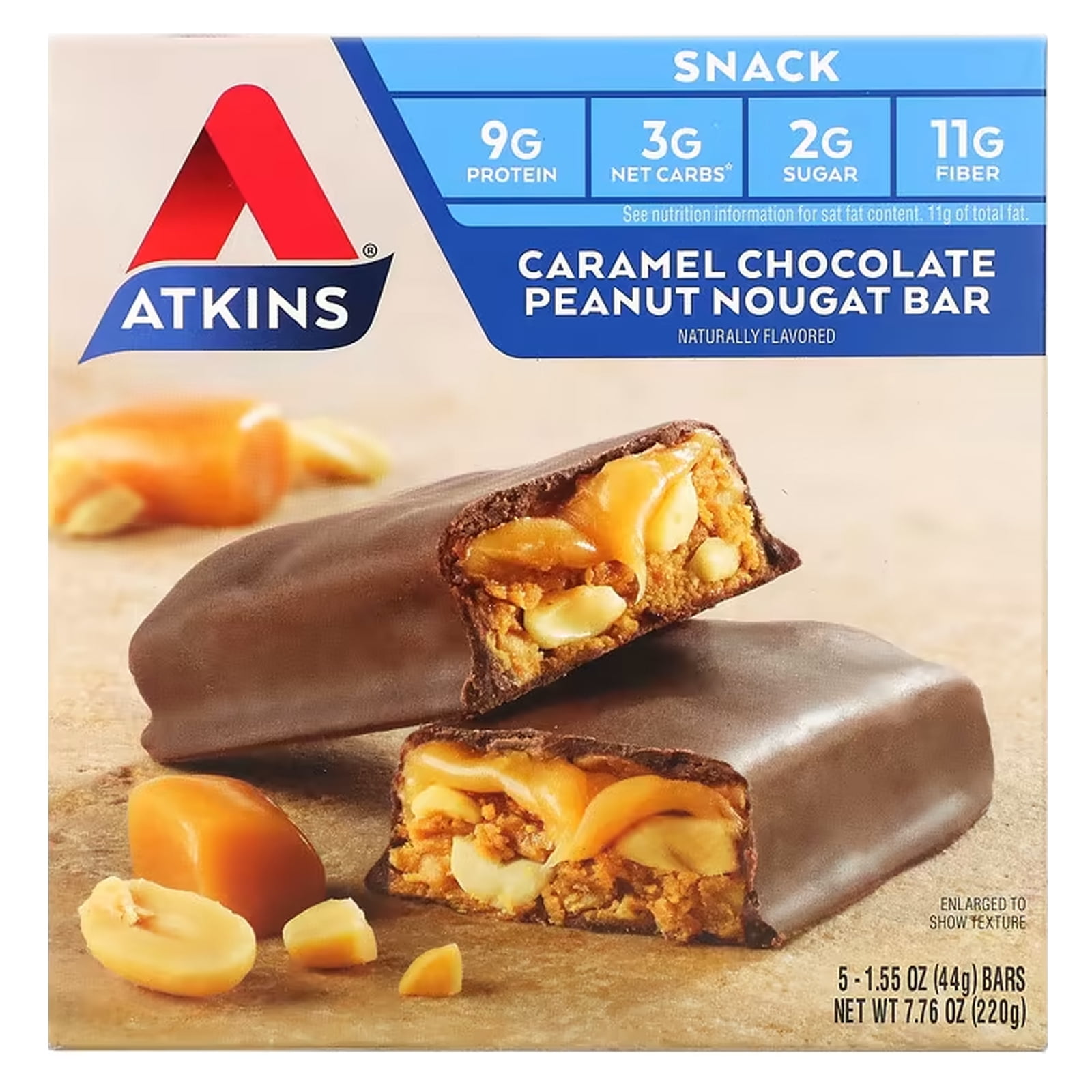 Atkins Treat, Caramel Chocolate Peanut Nougat Bar, Nutty Snack, 5 Count ...
