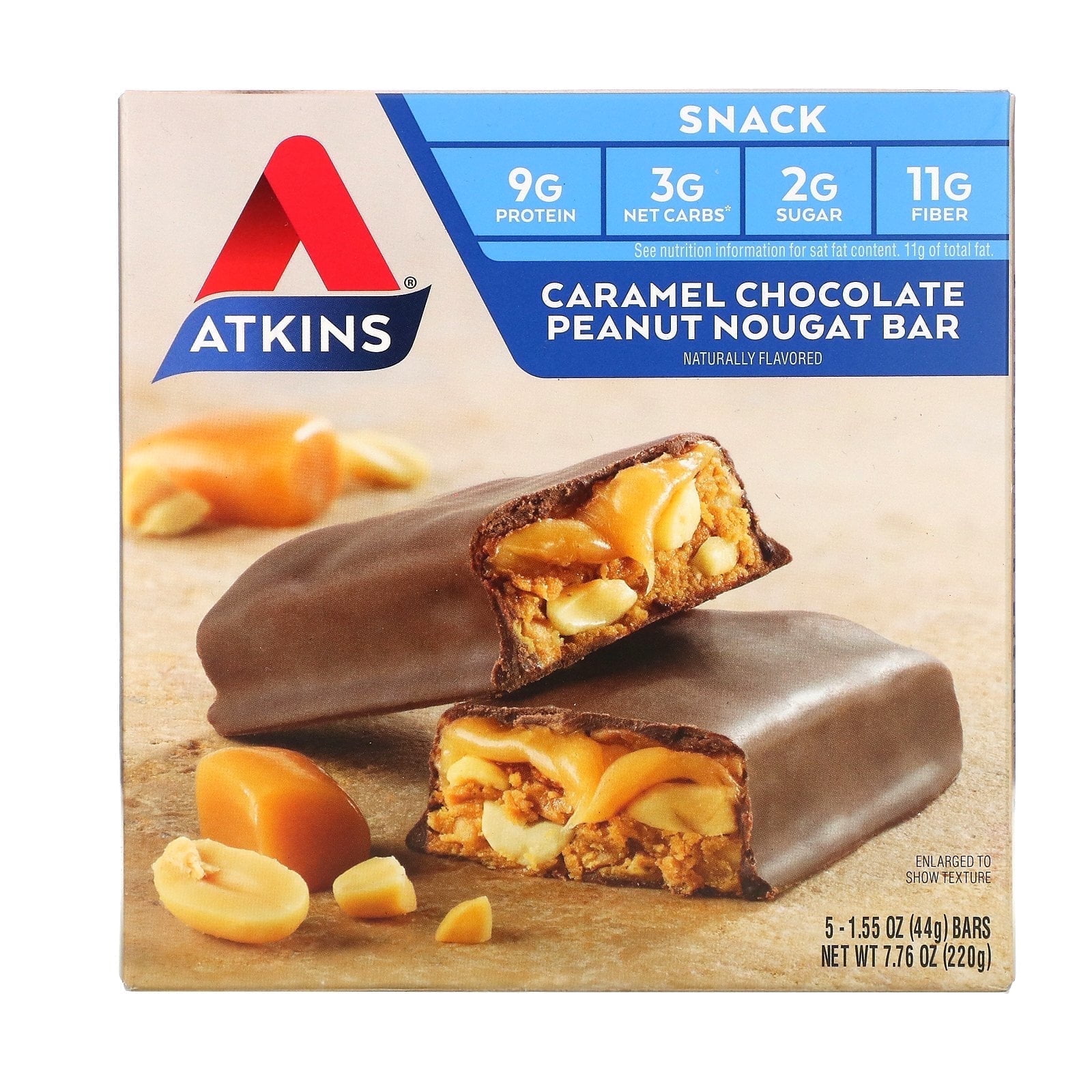 Atkins, Caramel Chocolate Peanut Nougat Bar, 5 Bars, 1.6 oz (44 g) Pack ...