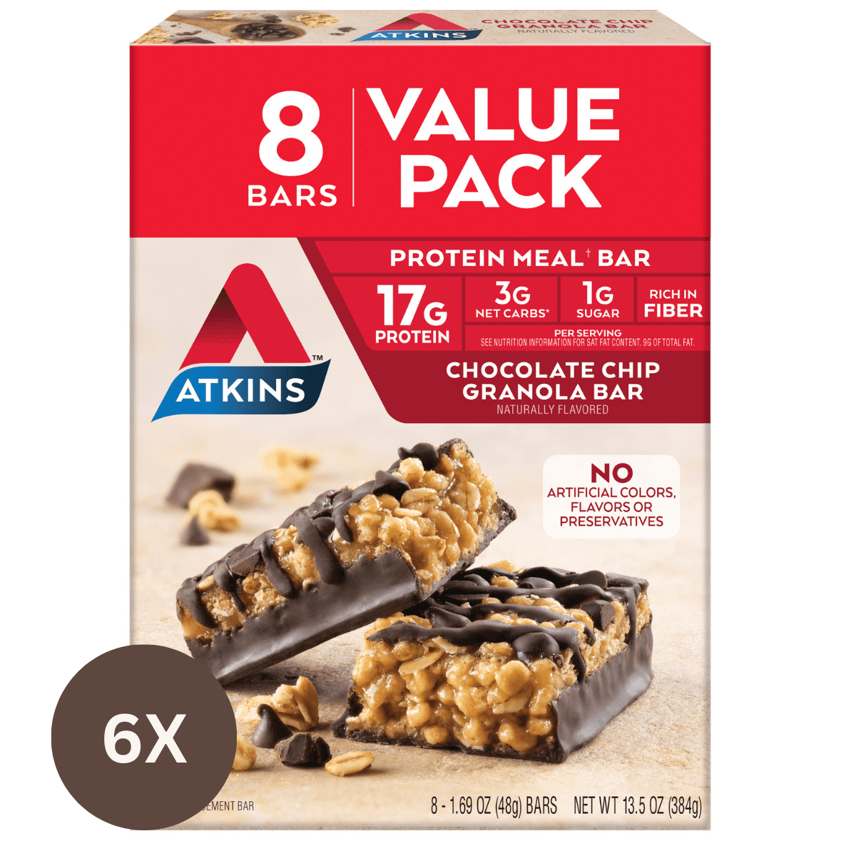 Atkins Chocolate Chip Granola Protein Meal Bar, High Fiber, Low Sugar ...