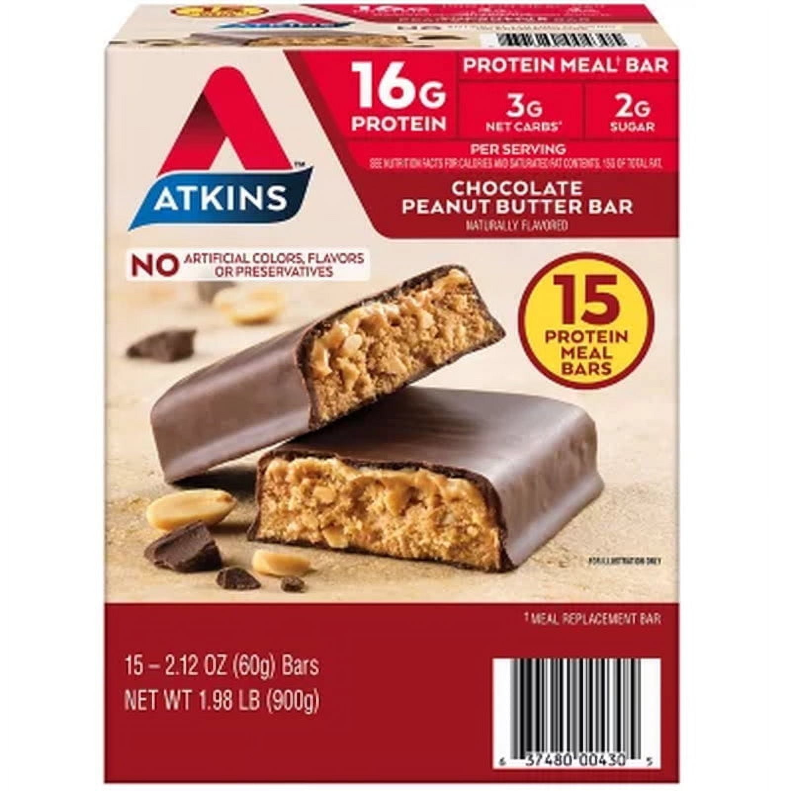 Atkins Chocolate Peanut Butter Meal Bars, High Fiber, 16G of Protein 15 ...