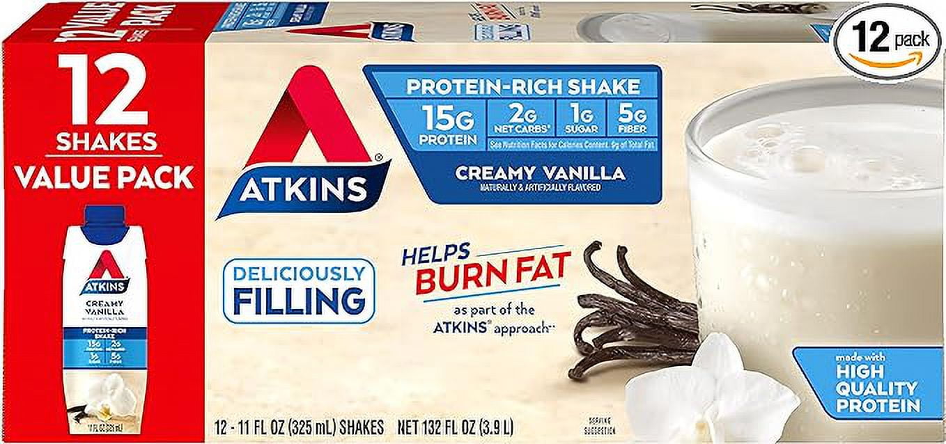 Atkins Creamy Vanilla Protein Shake, 15g Protein, Low Glycemic, 2g Net ...