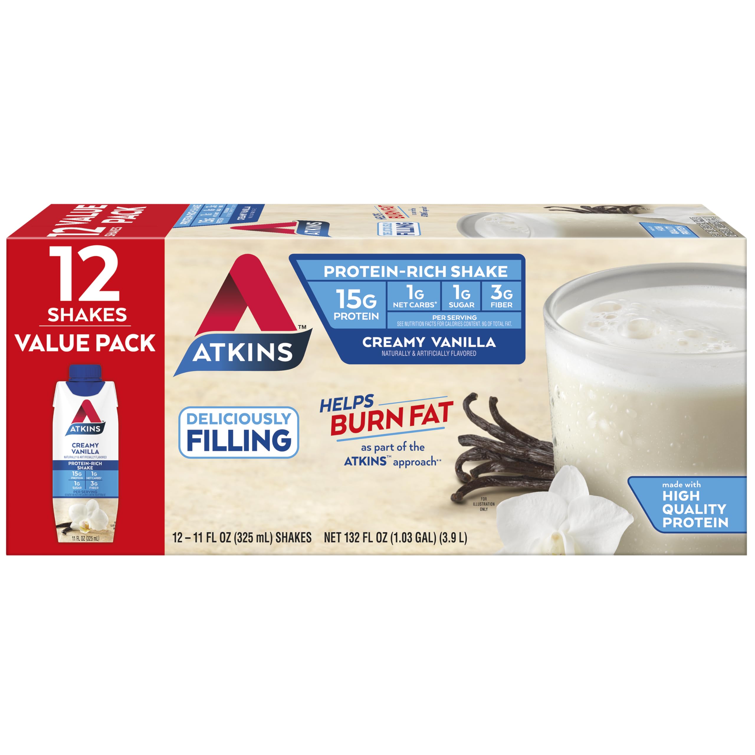 Atkins Creamy VanillaUMRT Protein Shake, 15g Protein, Low Glycemic, 2g ...