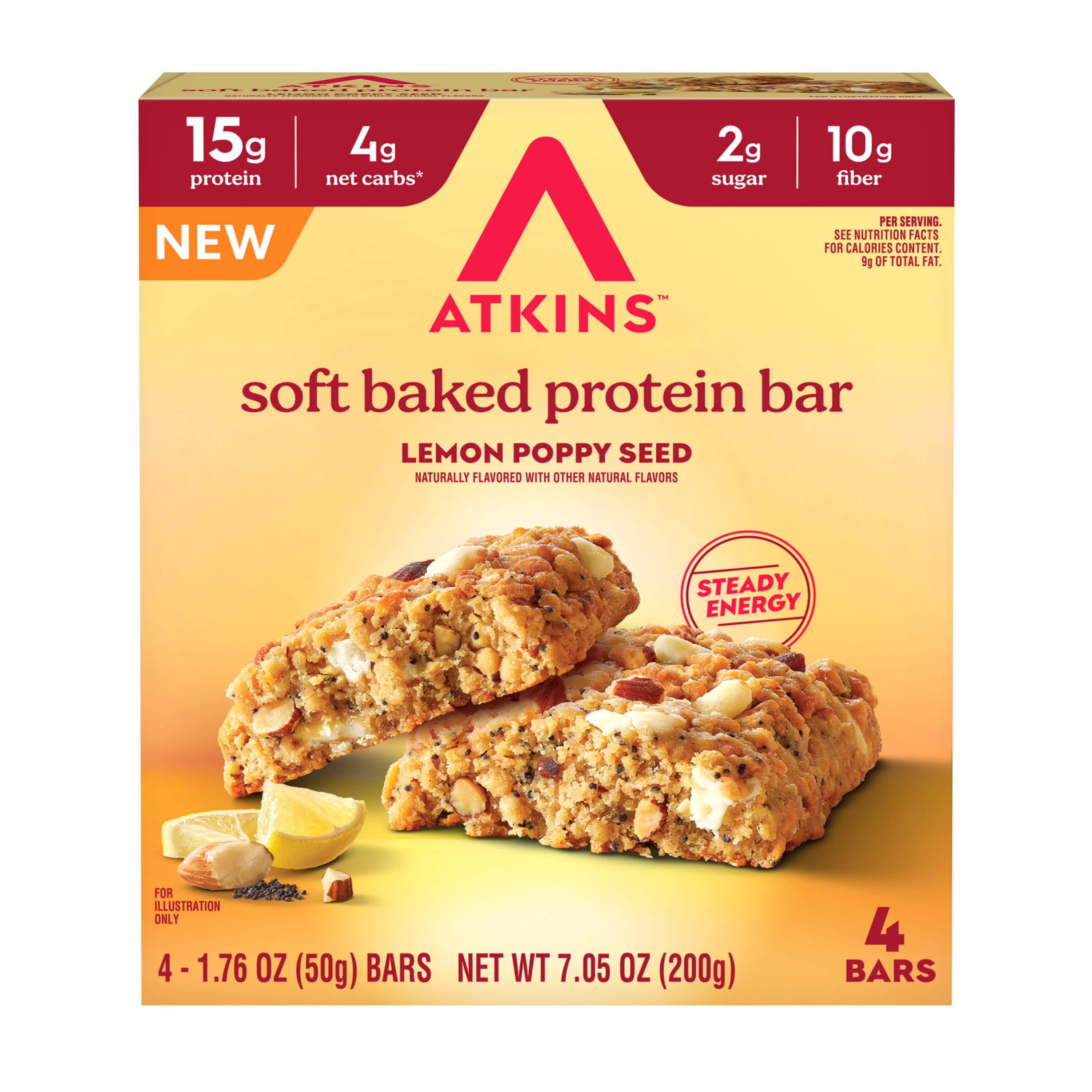 Atkins High Protein Bars, Soft Baked Lemon Poppyseed Flavor, 1.76 oz, 4 ...