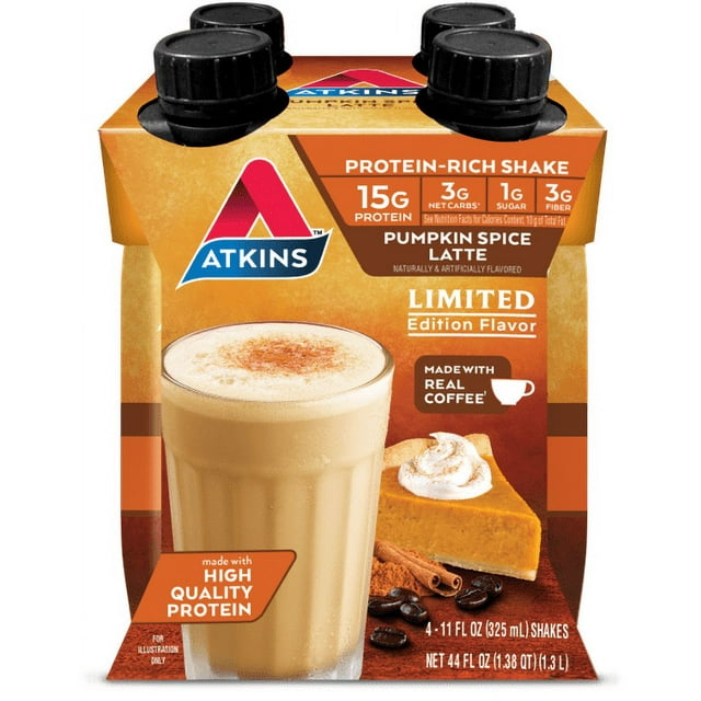 Atkins Limited Edition, Pumpkin Spice Latte Protein Shake, 11 fl oz, 4 Count (Ready to Drink ...