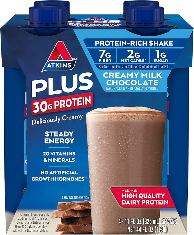 Atkins, PLUS Protein & Fiber High Protein Shake, Creamy Milk Chocolate ...