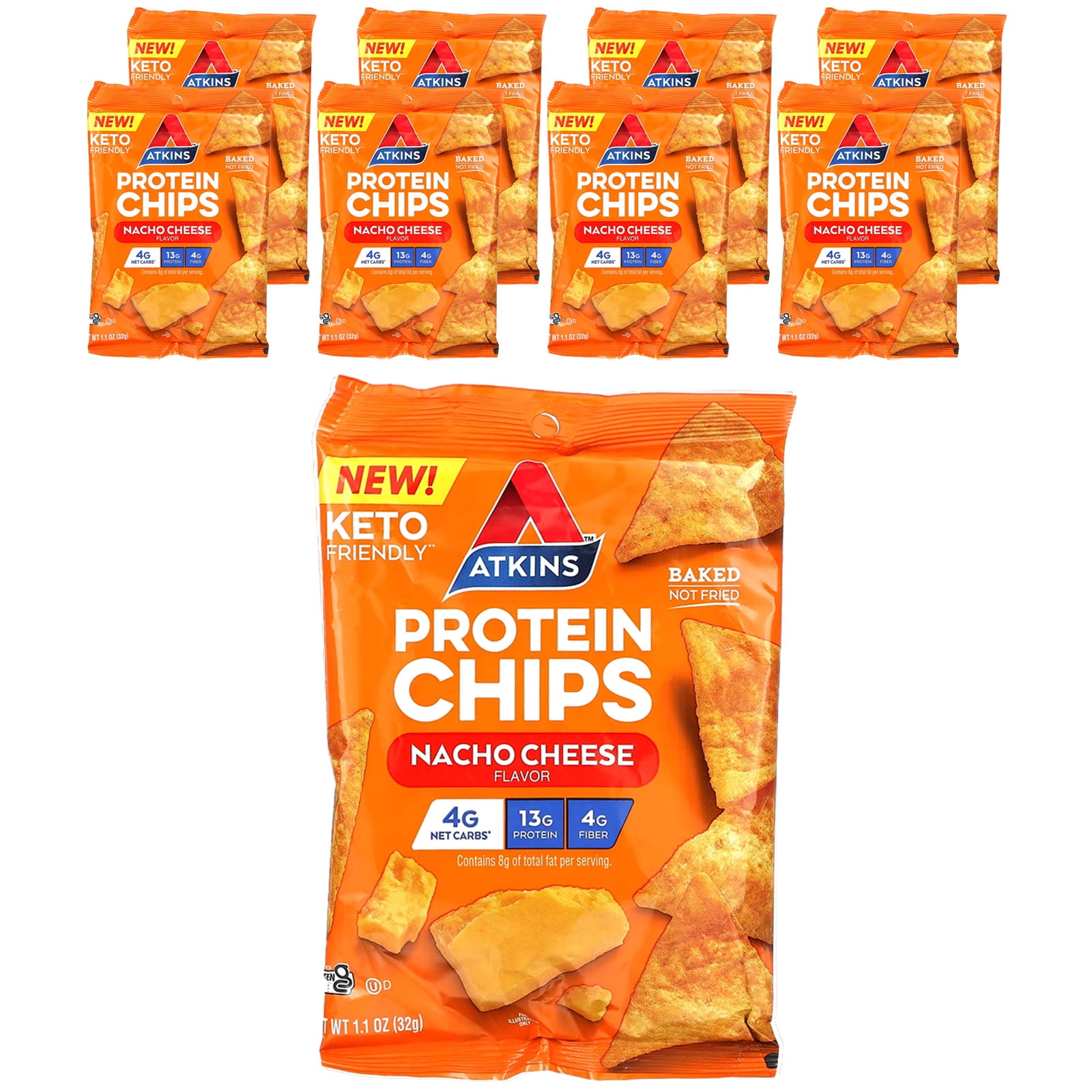 Atkins Keto Diet Friendly Protein Chips, Nacho Cheese, 8 Bags, 1.1 oz ...