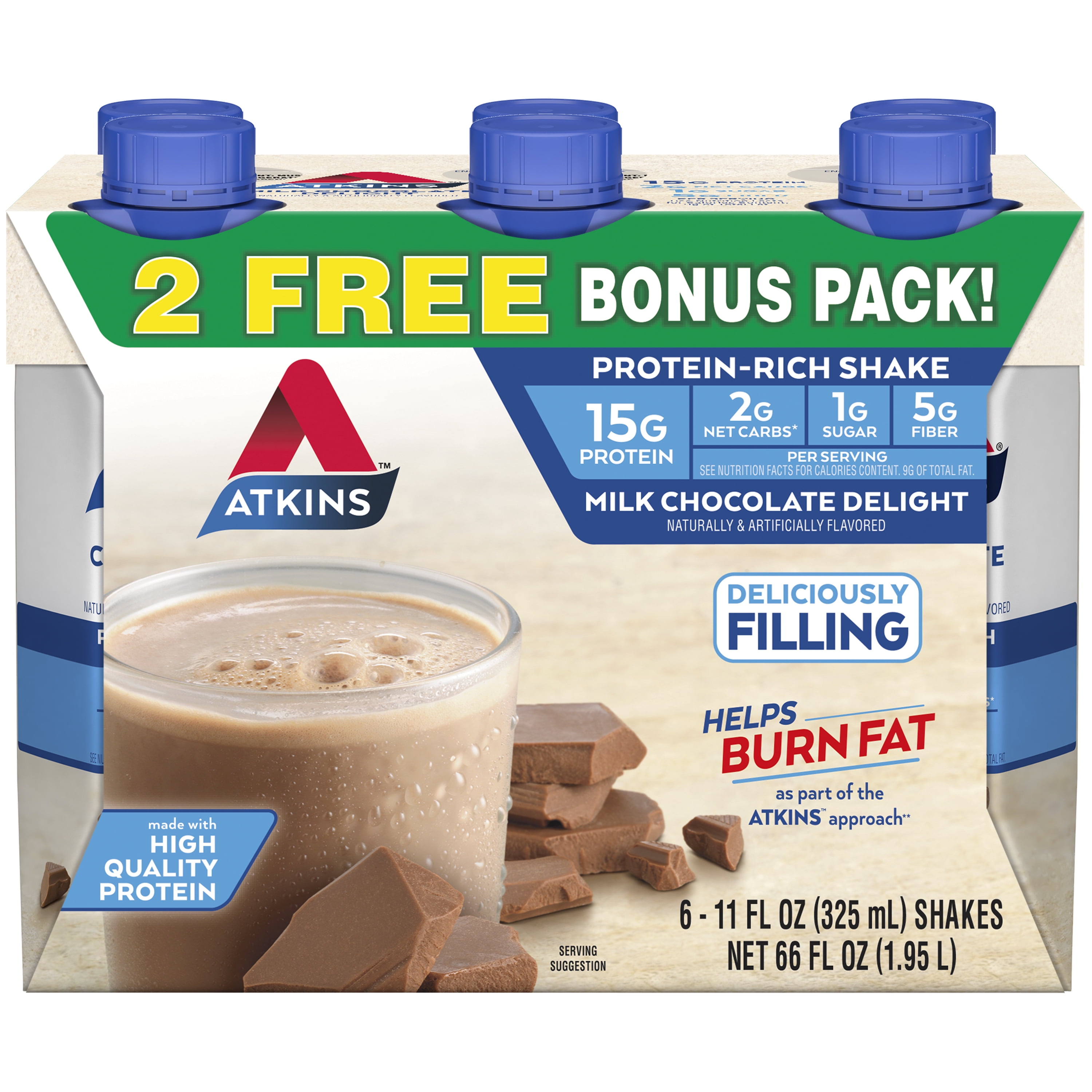 Atkins Protein Shake, Milk Chocolate Delight, Bonus Pack, 6 Count ...