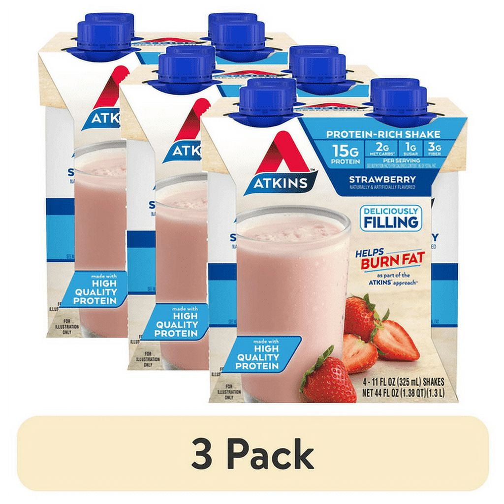 (3 pack) Atkins Protein Shake Strawberry Flavored, 15g Protein, Keto ...