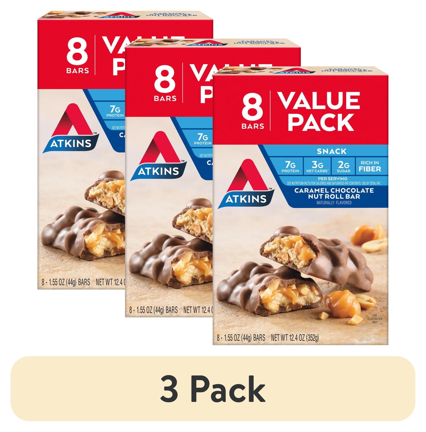 (3 pack) Atkins Snack Bar, Caramel Chocolate Nut Roll, Keto Friendly, 8 ...