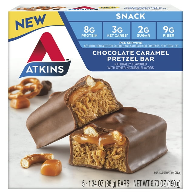 Atkins Snack Bar, High Protein, Low Carb, Chocolate Caramel Pretzel, 5 ...