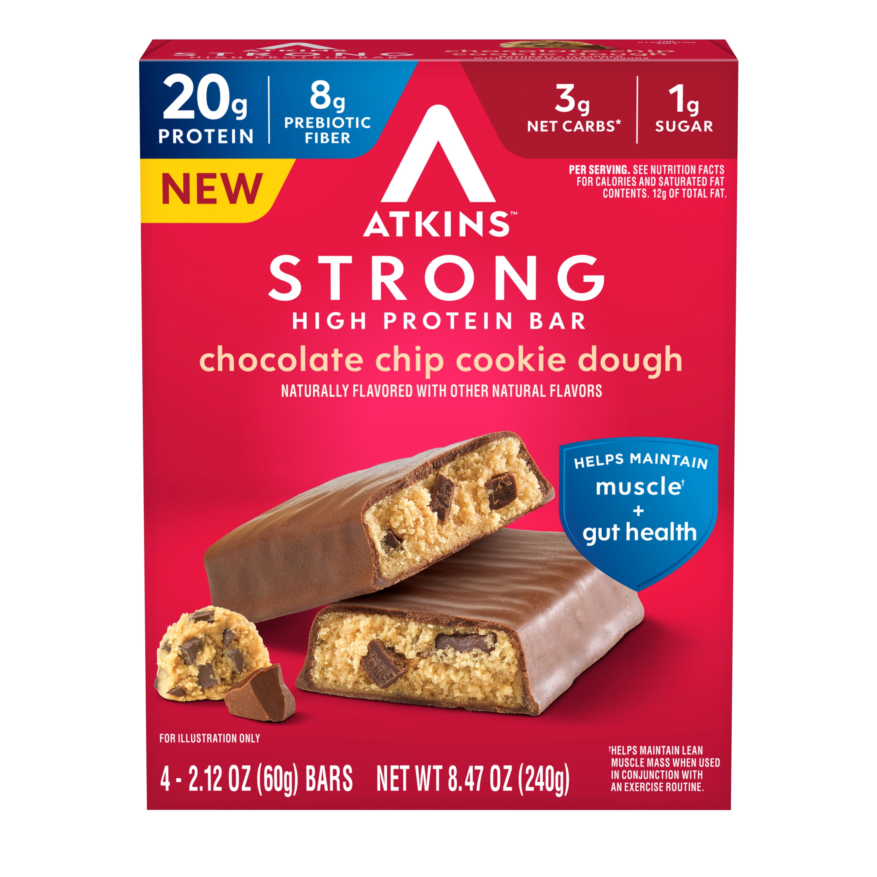 Atkins Strong High Protein Bars, Chocolate Chip Cookie Dough Flavored ...