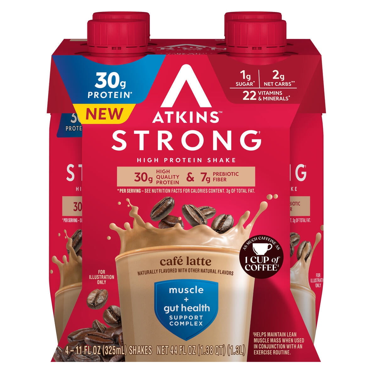 Atkins Strong, High Protein Shake, Cafe Latte Flavor, 30g of Protein, 4 ...