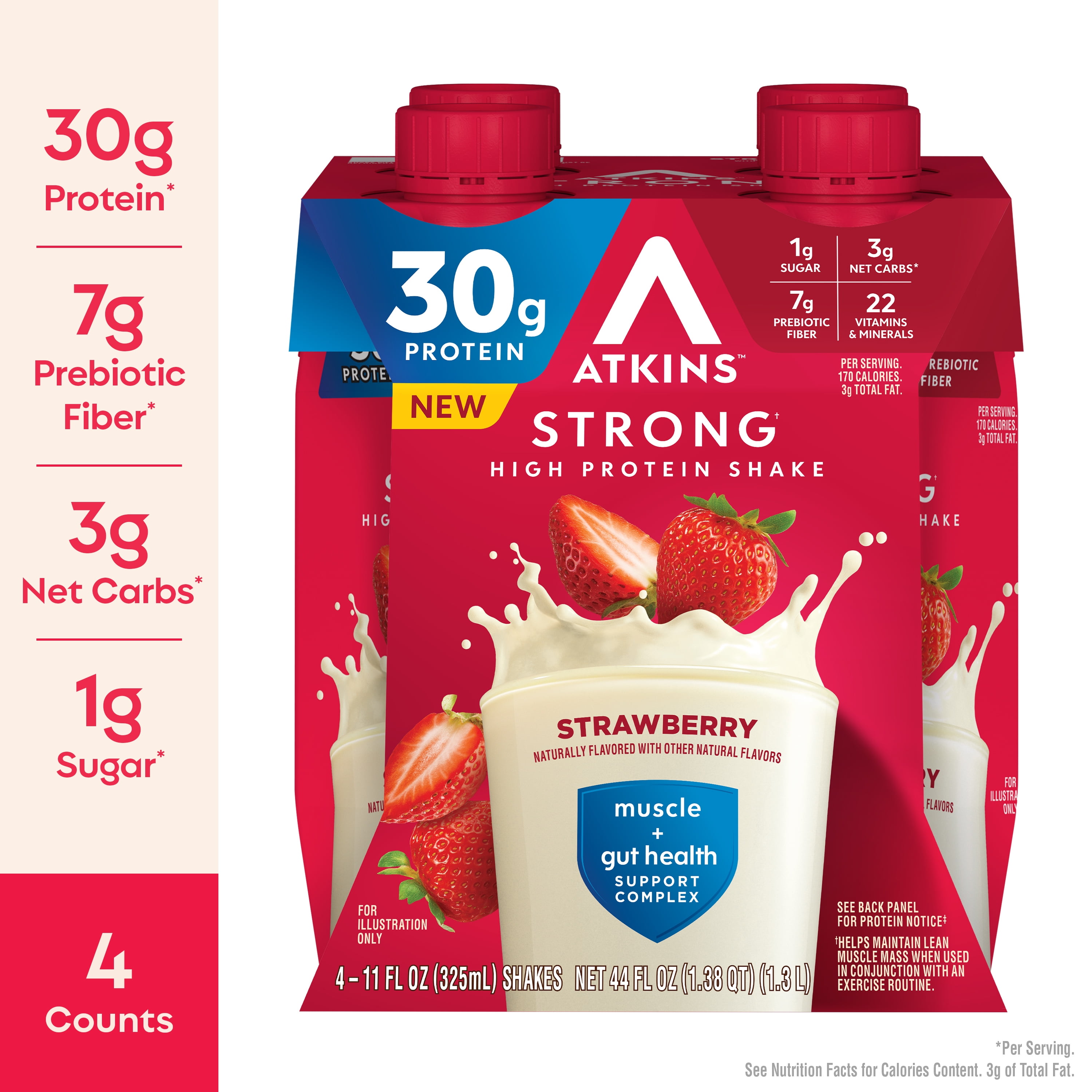 Atkins Strong, High Protein Shake, Strawberry Flavor, 30g of Protein, 4 ...