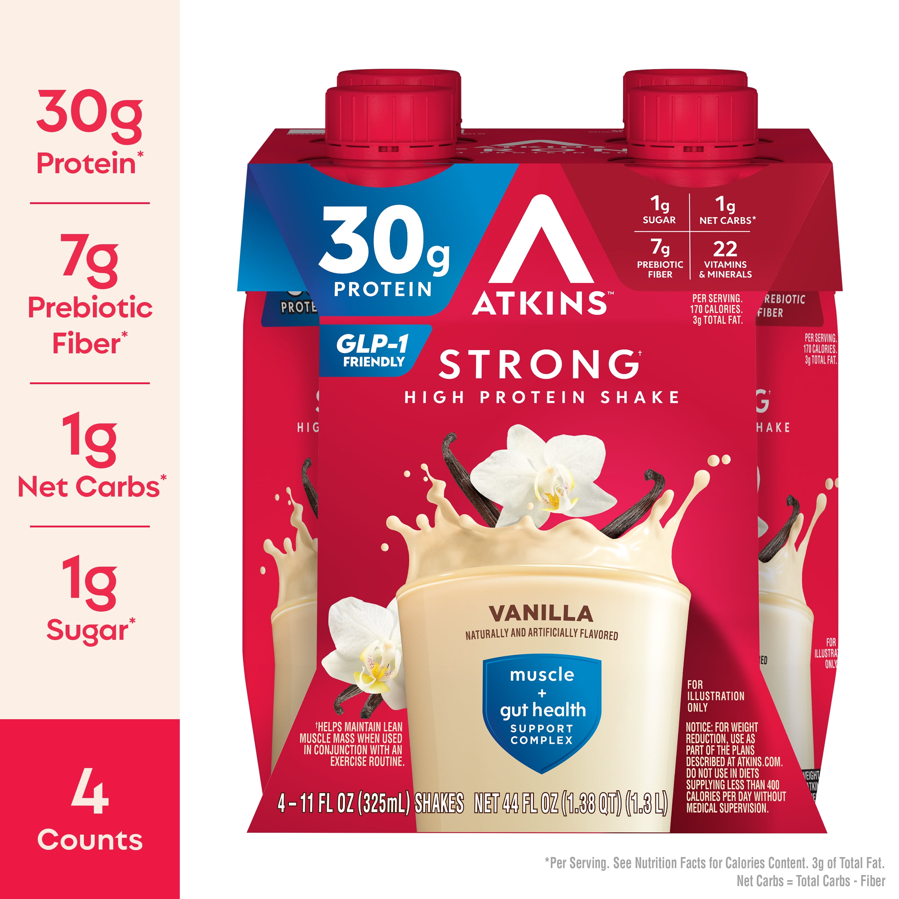 Atkins Strong, High Protein Shake, Vanilla, 30g of Protein, High Fiber ...