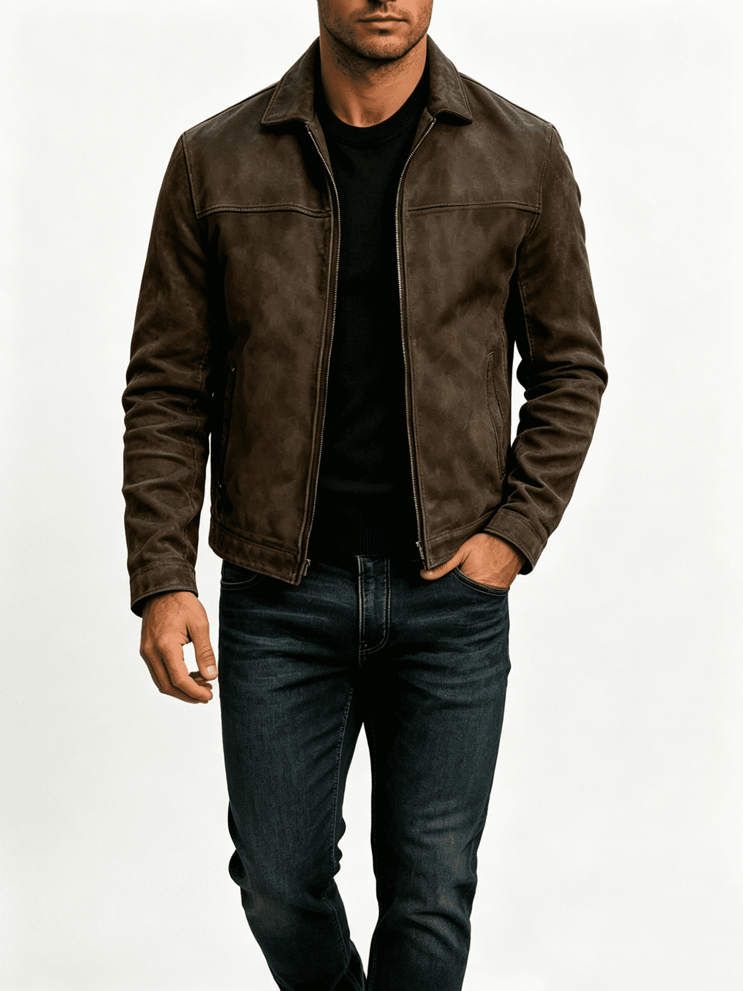 Atkumj Leather Jacket Men with Pockets Trendy Stand Collar Zip Up ...