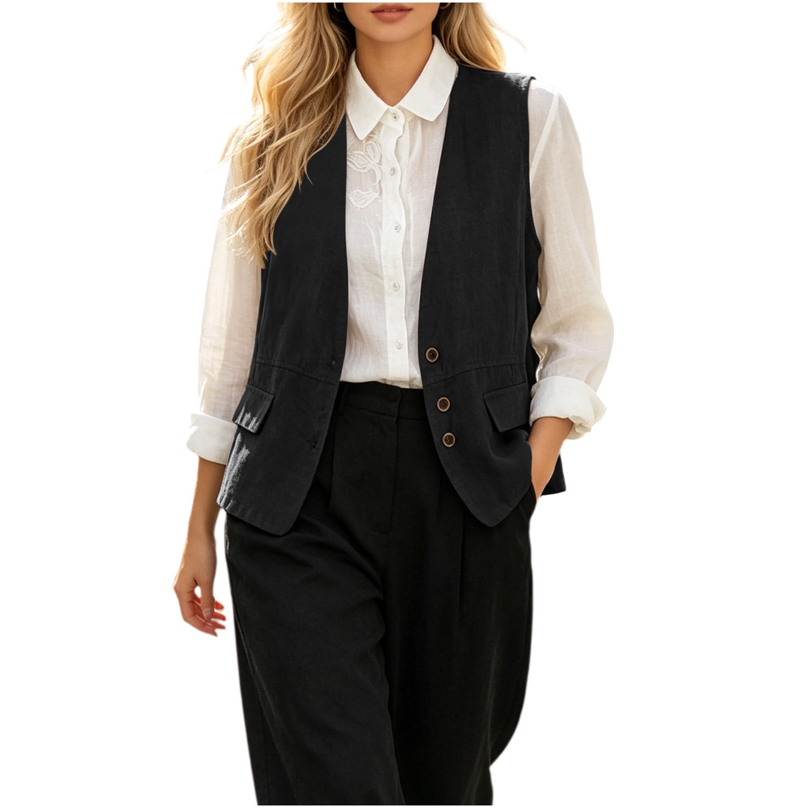 Atkumj Linen Vest Women Decorative Fake Pockets Stylish Button Front ...