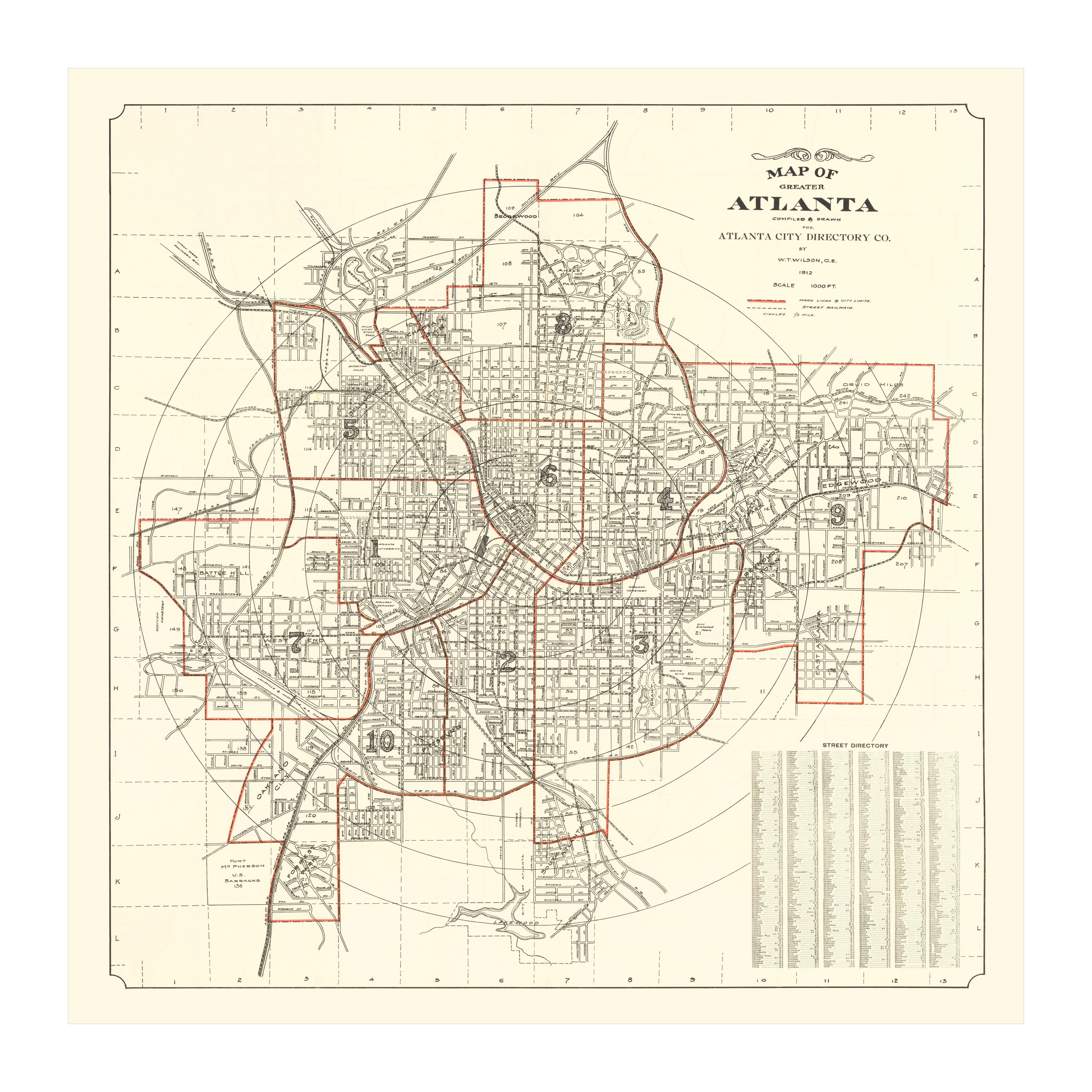 Atlanta Art, 1912 Vintage Map of Atlanta Georgia, GA History Wall Decor ...