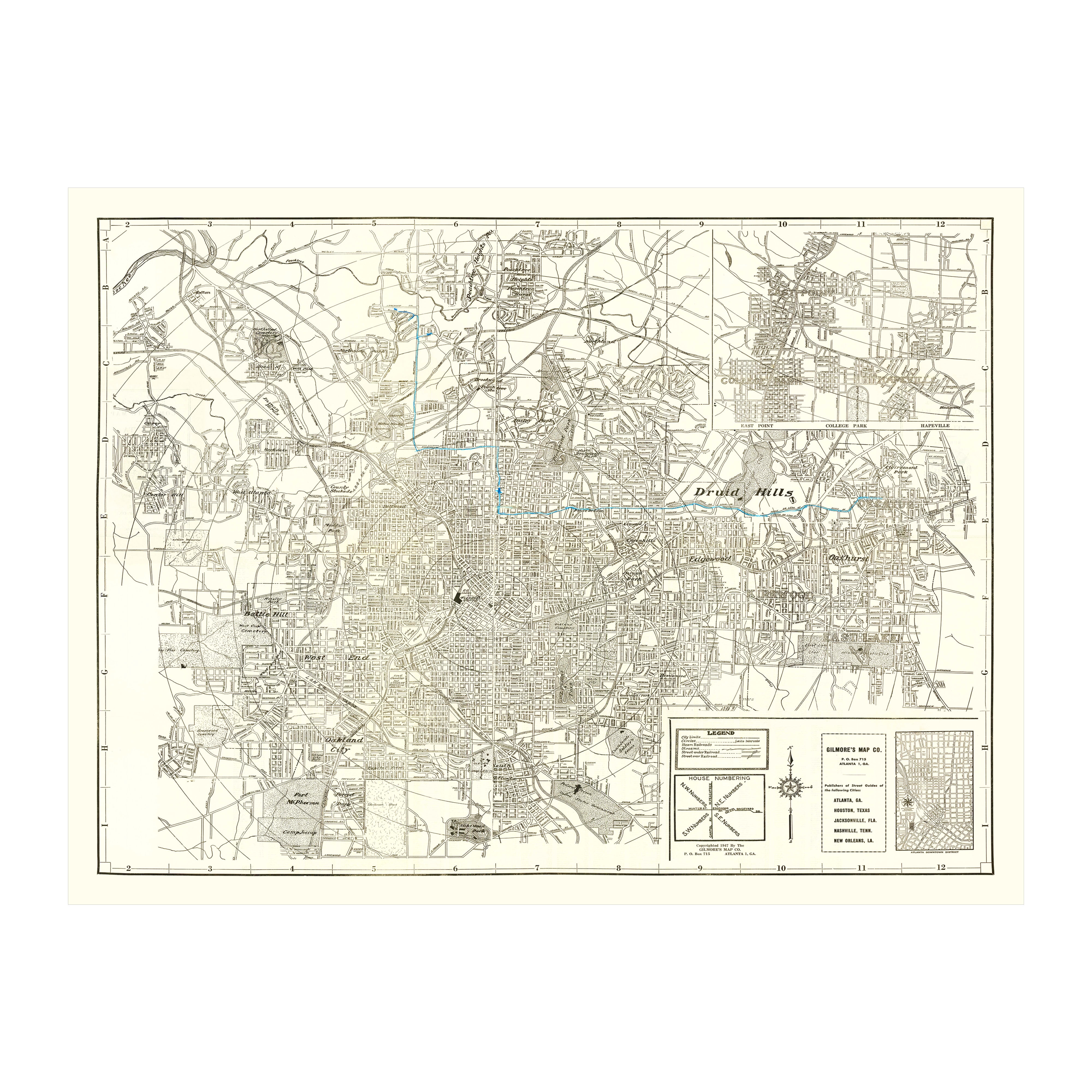 Atlanta Art, 1947 Vintage Map of Atlanta Georgia, GA History Wall Decor ...